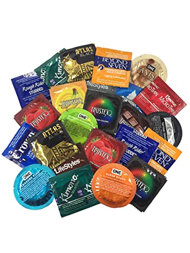 Ultimate Grab Bag of Condoms + Brass Lunamax Pocket Case, Ultimate Sampler Pack of Latex Condoms-24 Count
