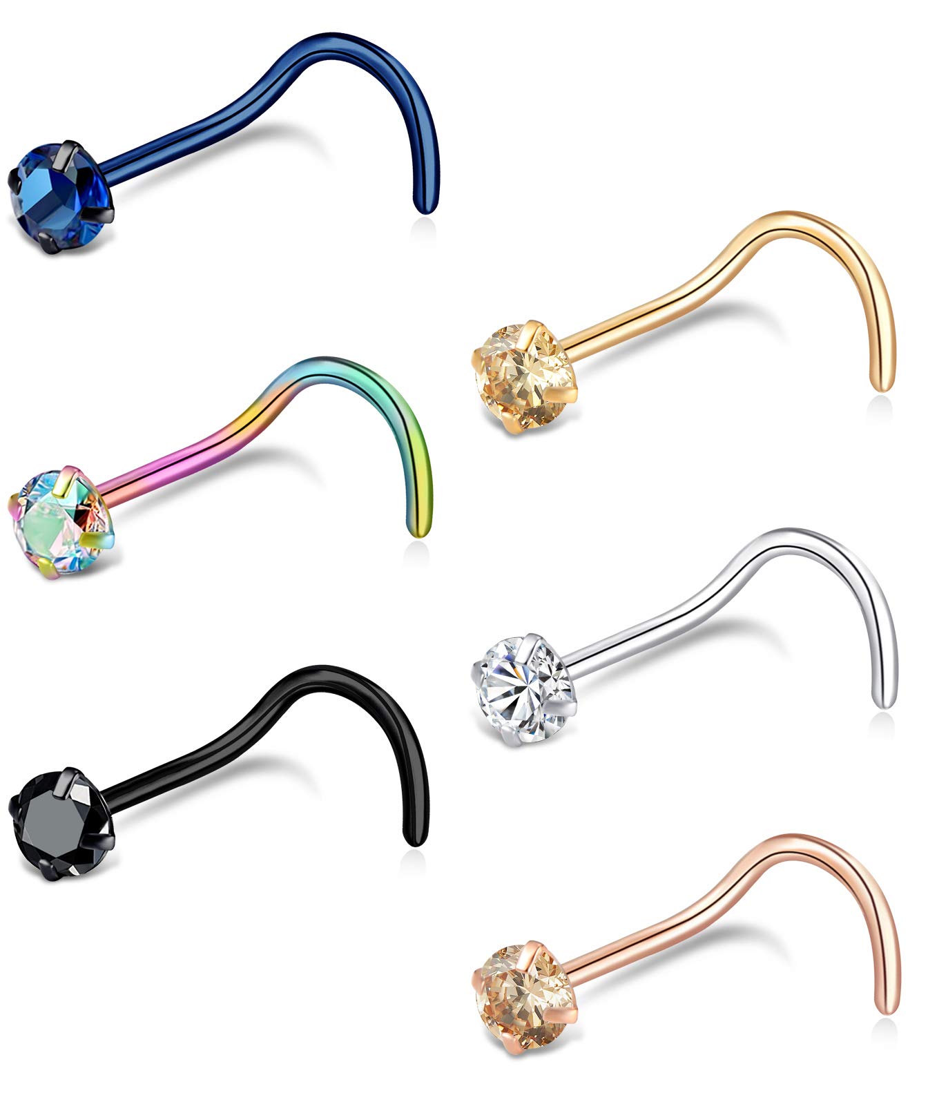 Tornito 20G 6Pcs Stainless Steel Nose Screw Studs Rings CZ Nose Ring Labret Nose Piercing Jewelry for Men Women