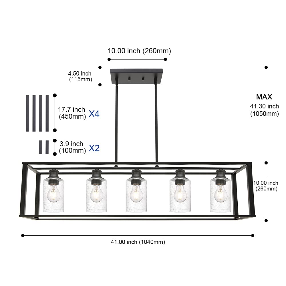 Wanluce Rectangular Chandelier for Dining Room 5 Light Matte Black Lights Fixtures with Glass Shade Farmhouse Linear Industrial Modern Hanging Lighting