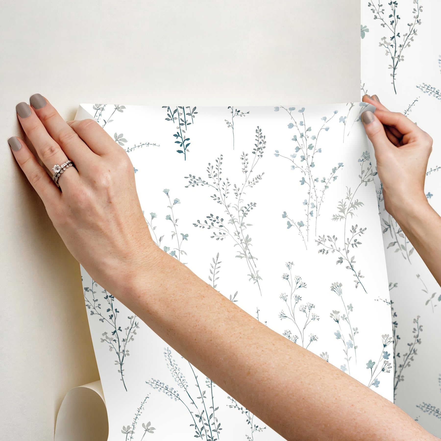 York Wallcoverings PSW1523RL Blue and Green Wildflower Sprigs Premium Peel and Stick Wallpaper