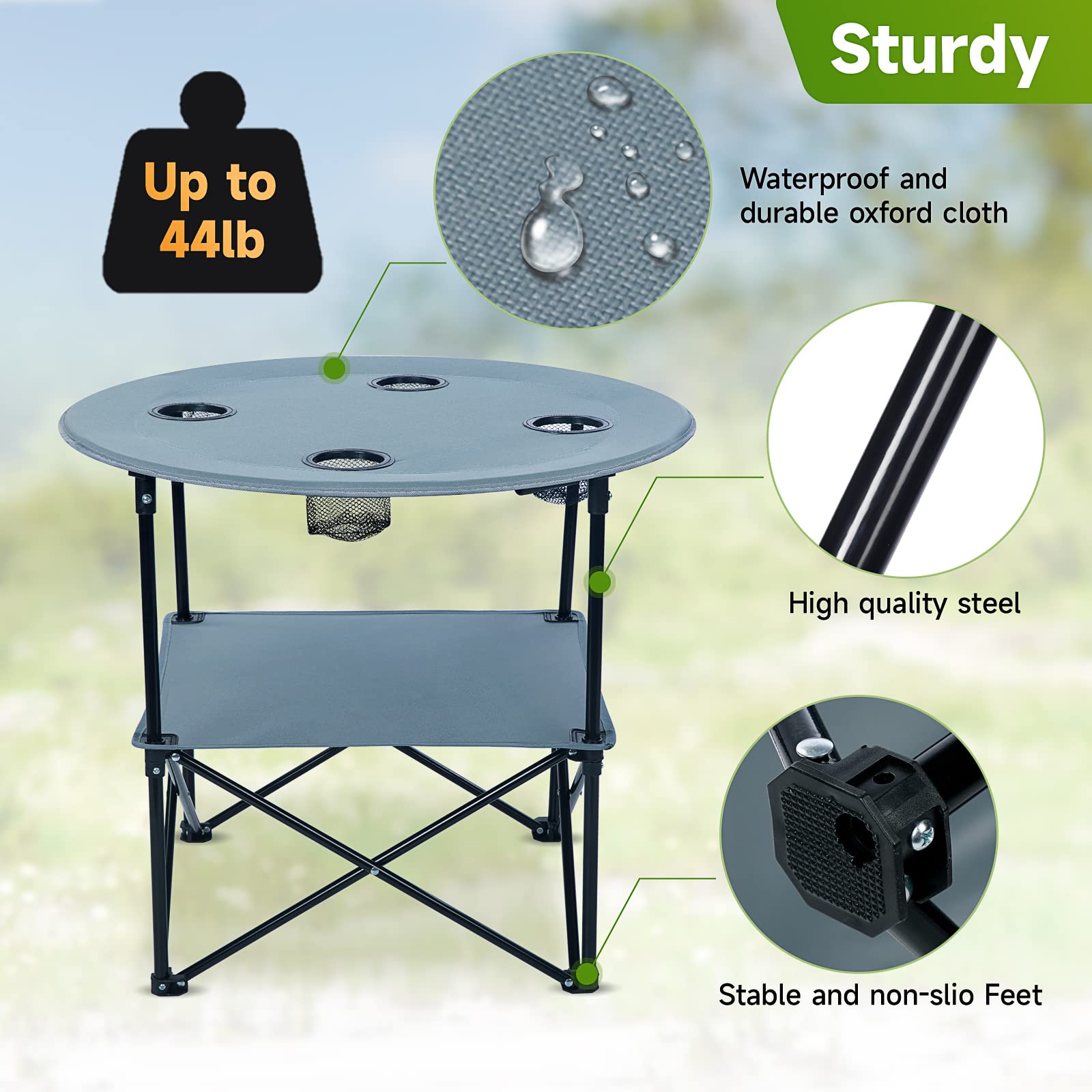 WOSVOLUNT Portable Camping Table Folding Pop up Tables Lightweight Beach Table for Sand Canvas Picnic Table Round Camping Side Table with Cup Holder for Outdoor, Tailgating,Travel