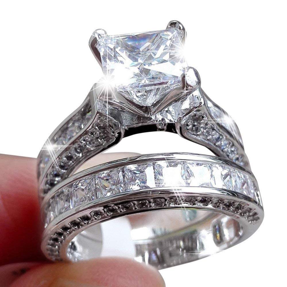 Zhiwen Lovely Ring -2-in-1 Womens Vintage Princess Cut Topaz Cz 10KT White Gold Filled White Diamond Silver Engagement Wedding Band Ring Set Size6-10 (US code 8)