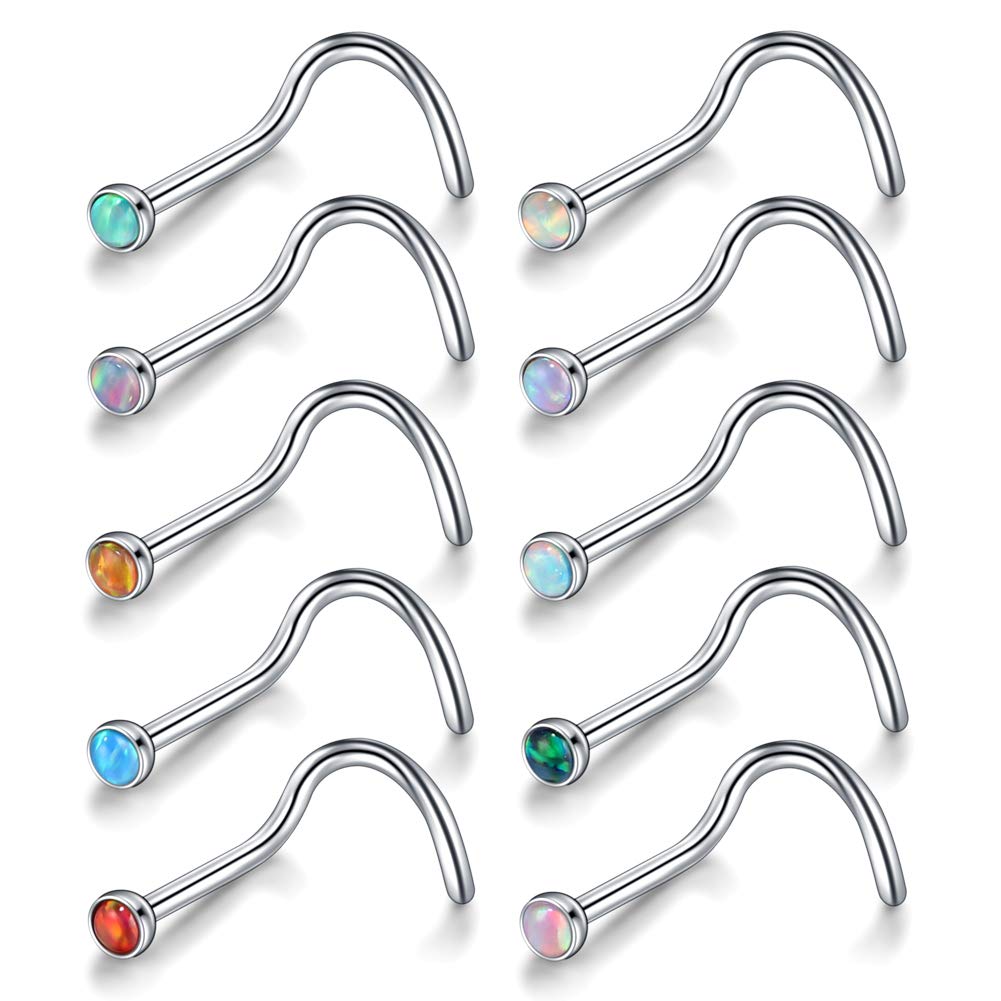 Xpircn 10PCS Nose Rings 20G Stainless Steel Opal Nose Studs Nose Screw Rings Ear Tragus Cartilage Nose Piercing Jewelry 2mm