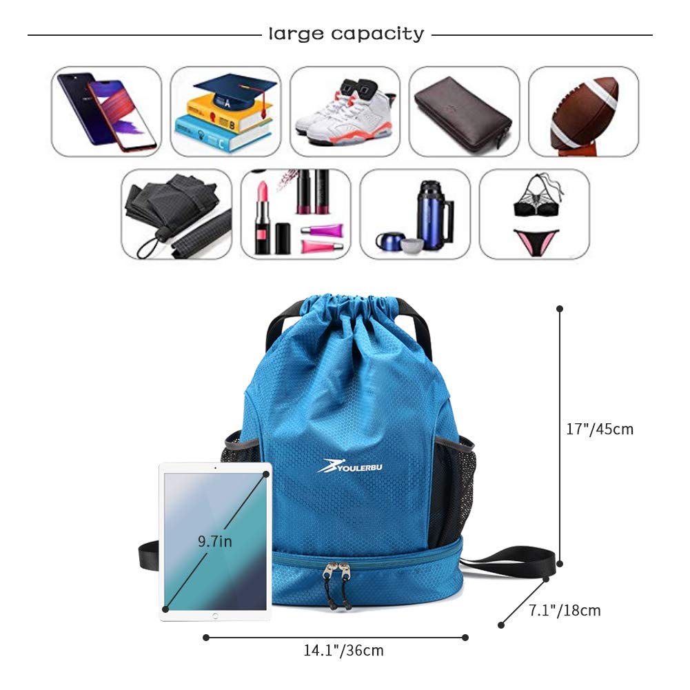 YOULERBU Dry Wet Drawstring Backpack Bag with Shoe Compartment Sackpack Heavy Duty String Bag Sports Gymsack Swim Beach Bag Black