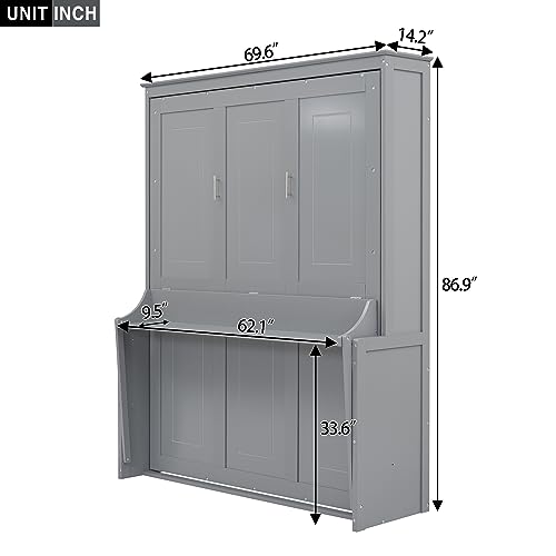 WOXYX Queen Size Murphy Cabinet Bed with A Storage Shelf, Wood Fold able Wall Bed Frame for Home Office Studio,Gray