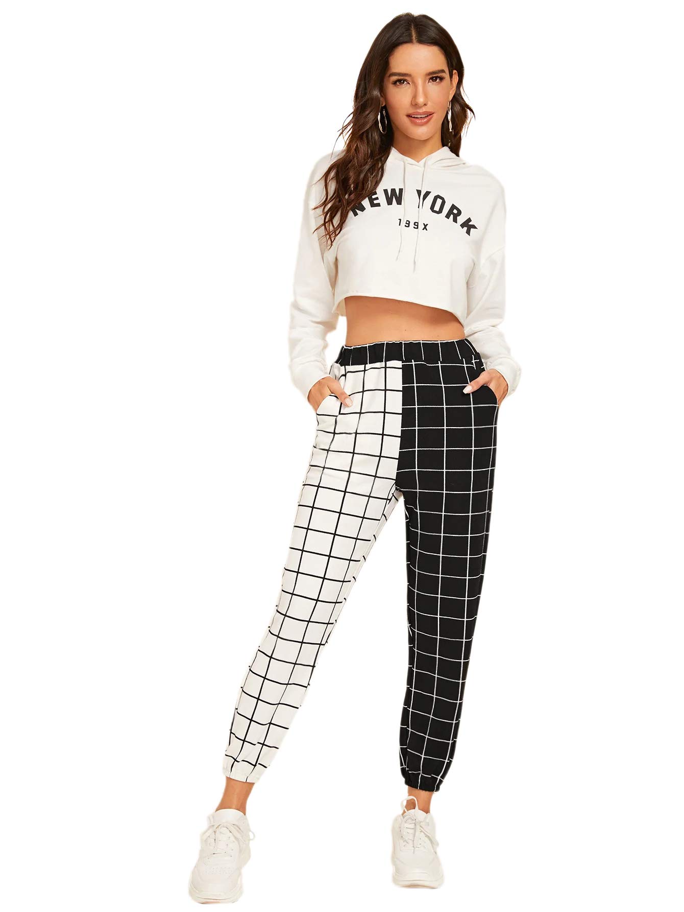 WDIRARA Women's Two Tone Plaid Print Elastic Waist Fashion Straight Leg Pants Black and White S