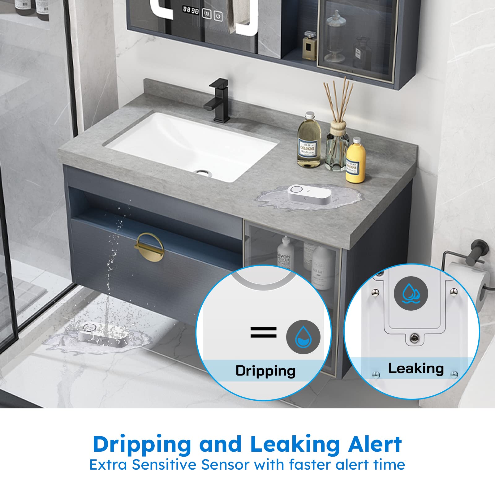 Water Leak Detector, GRSICO WiFi Water Sensor 5 Pack 120dB Adjustable Alarm and App Alerts, Leak and Drip Alert with Gateway Alarm, for Kitchen Bathroom Basement(Not Support 5G WiFi)