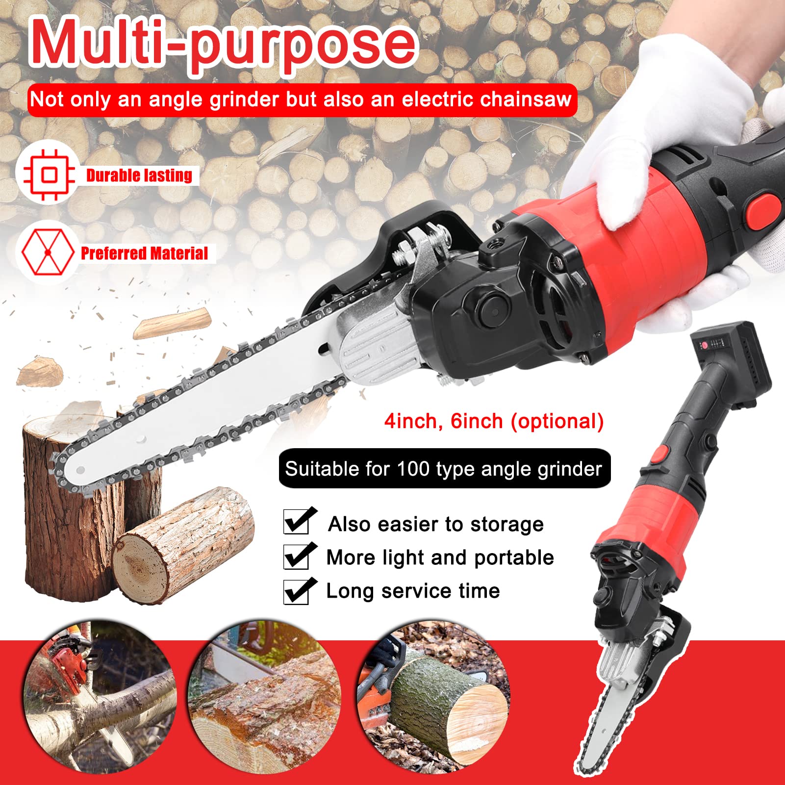 Weytoll Angle Grinder Chainsaw, 6 Inch Angle Grinder Conversion Chainsaw Bit Attachment, Woodworking Chainsaw Conversion Tool Set for Slice Diameter 100mm Angle Grinder