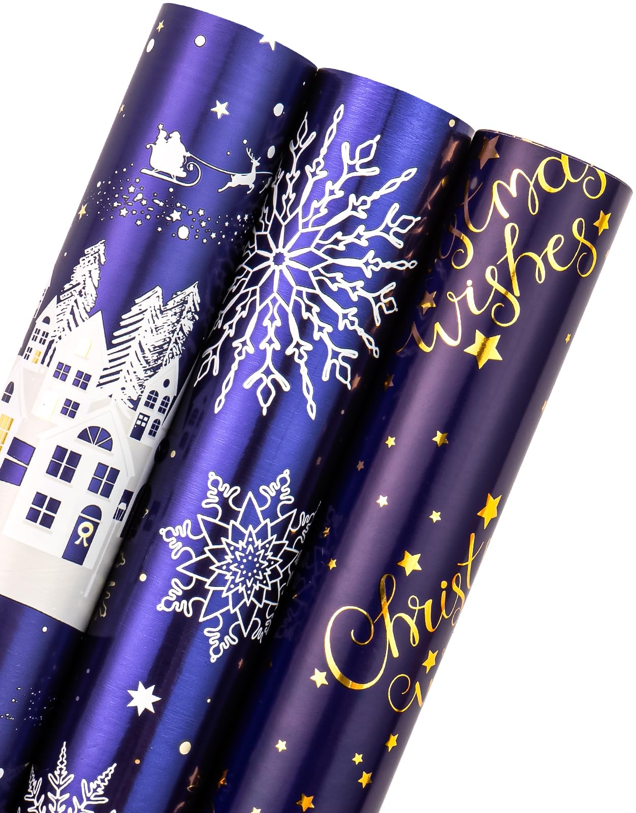 WRAPAHOLIC Christmas Wrapping Paper Roll - Mini Roll - 3 Rolls - 17 Inch x 120 Inch Per Roll - Dark Blue House, Reindeer, Snowflake Holiday Collection with Metallic Foil Shine