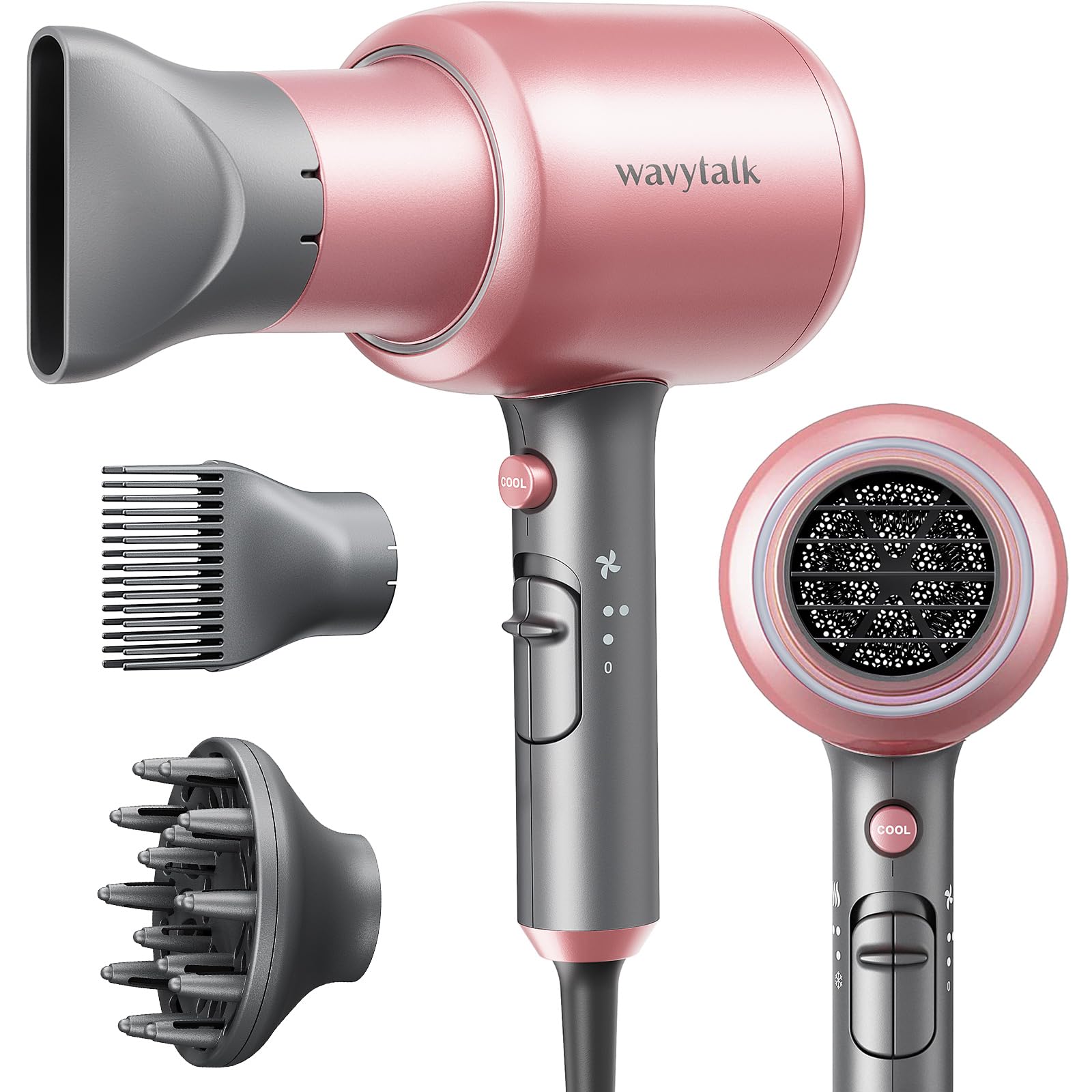 Wavytalk Professional Hair Dryer with Diffuser 1875W Power Dryer, Blow Dryer Ionic Hair Dryer for Women with Constant Temperature, Fast Drying &Low Noise, Millennial Pink