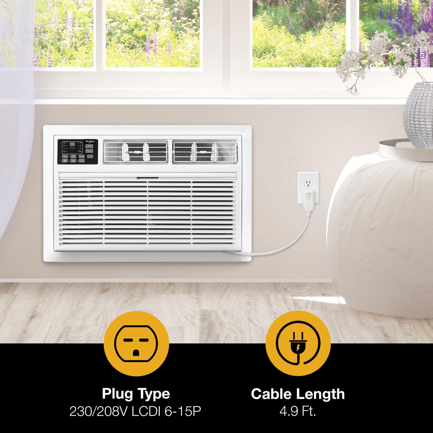 Whirlpool 14,000 BTU 230V Through-the-Wall Air Conditioner for Rooms up to 700 Sq. Ft. and Dehumidifier up to 2.1 pints/hour with Remote Control, Digital Display, and 24H Timer