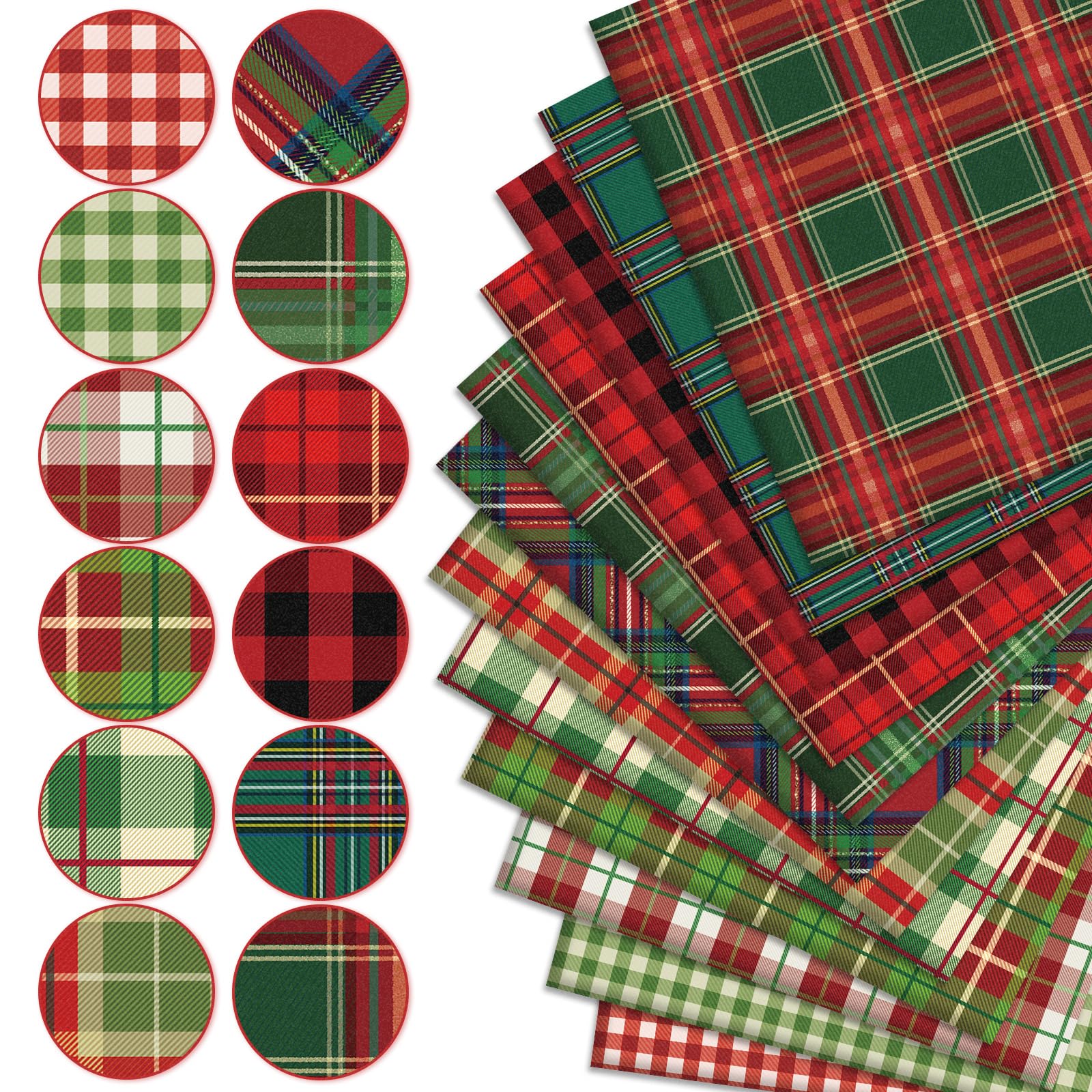 Whaline 12Pcs Christmas Cotton Fabric Bundles Buffalo Plaid Xmas Fat Quarters Red Green Checkered Printed Sewing Fabrics for DIY Handmade Crafting, 18 x 22 Inch