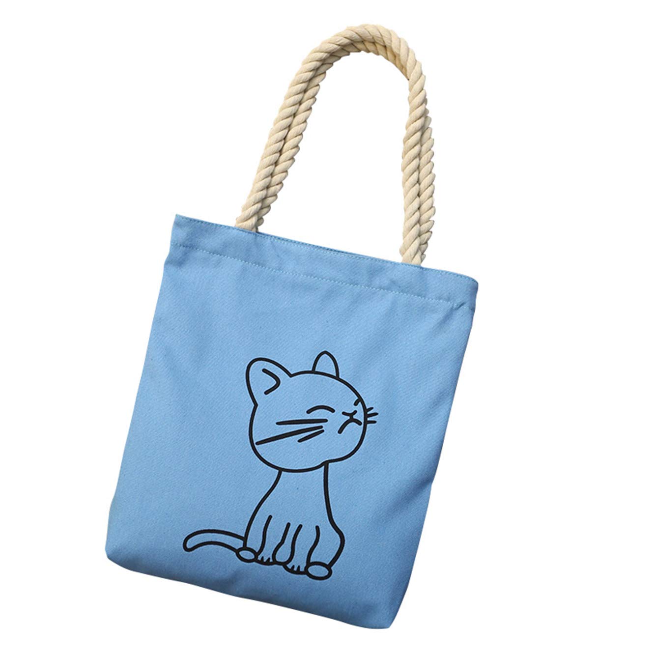 Zipper Canvas Tote Bag with Inner Pocket, Portable and Ecofriendly, Cat-blue, 14.6" x 13.6" x 2?