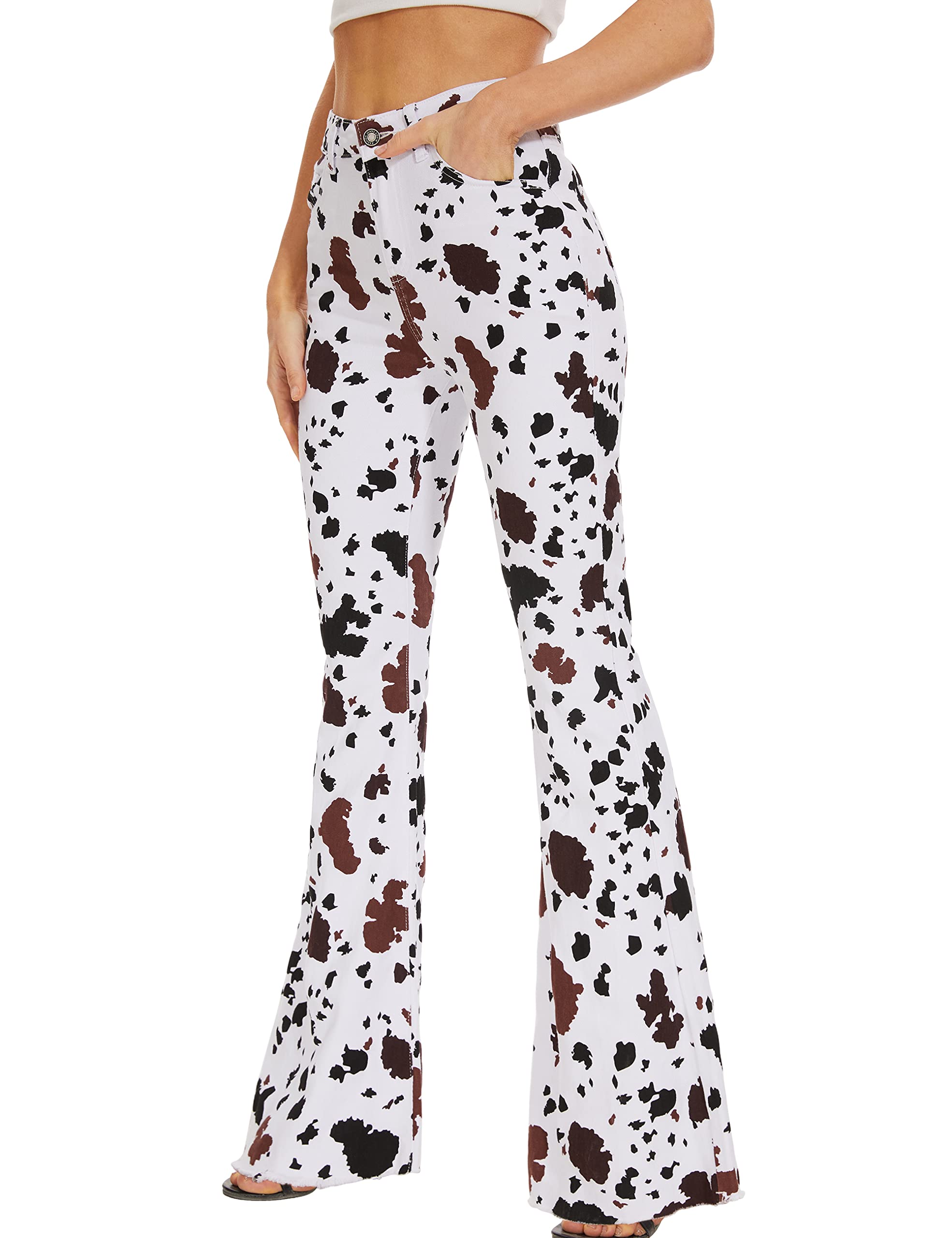 Zhangyan Womens Cow Flare Jeans Stretch High Waisted Button Bellbottoms Pants Hem Fray(cow,2)