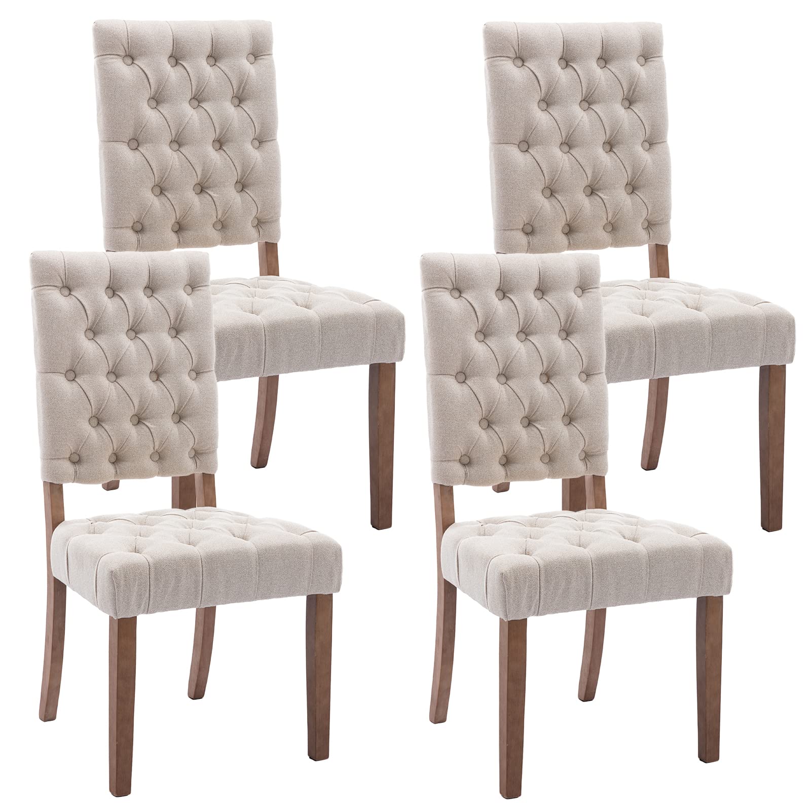 Ya-Home Modern Dining Chairs Set of 4, Linen Comfy Tufted Side Chairs with Wooden Legs, Upholstered Armless Dining Room Chairs with High Back for Living Room Kitchen, Beige