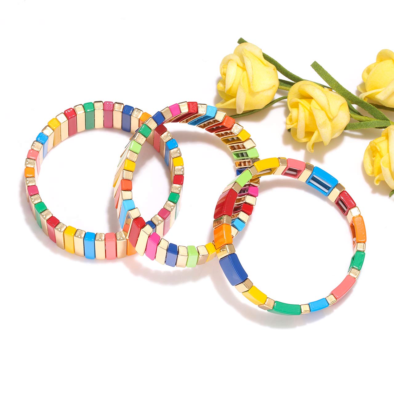 YAHPERN Enamel Tile Bracelet Set Multicolor Rainbow Tila Elastic Stretch Bracelets Bohemian Colorblocks Beaded Stackable Bangle Bracelet For Woman (Style: A)