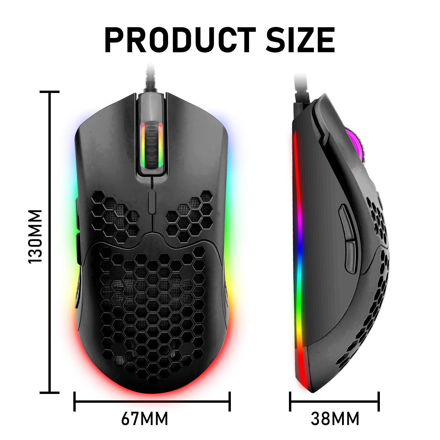 ZIYOU LANG Wired Lightweight Gaming Mouse,6 RGB Backlit Mouse with 7 Buttons Programmable Driver,6400DPI Computer Mouse,Ultralight Honeycomb Shell Ultraweave Cable Mouse for PC Gamers,Xbox,PS4(Red)