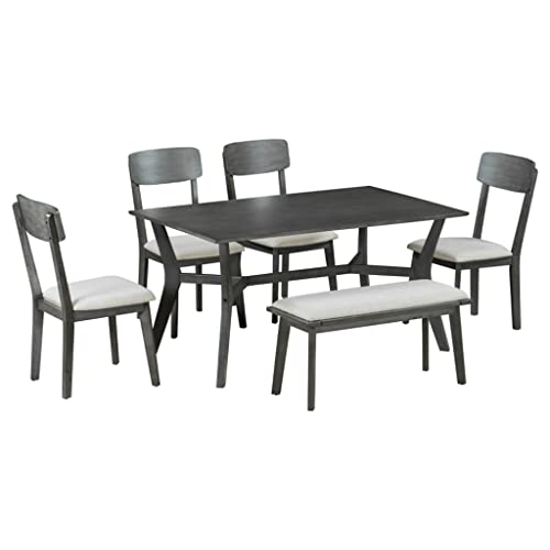 ZHYH 6 Piece Dining Set Medieval Style Wooden Dining Table and Fabric Chairs with Bench Grey + Beige