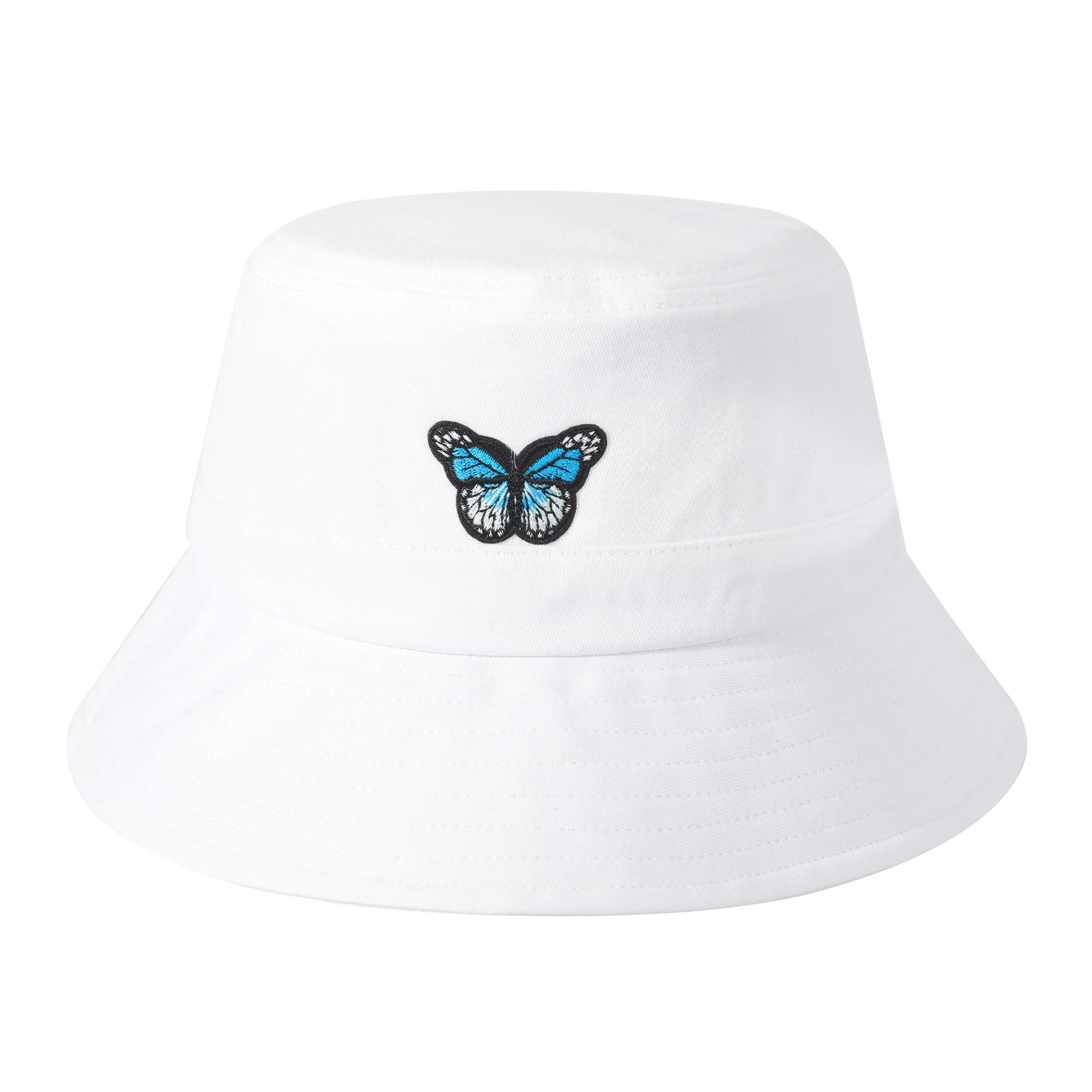 ZLYC Unisex Fashion Embroidered Bucket Hat Summer Fisherman Cap for Men Women Teens (Butterfly Pure White)