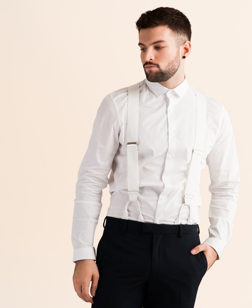 White Suspenders Genuine Leather Clip Suspenders (Button/Clip-on Wide)