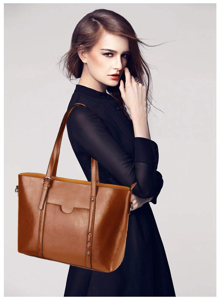 YALUXE Tote Bag for Women Vintage Style Soft Genuine Leather Work Tote Large Shoulder Bag
