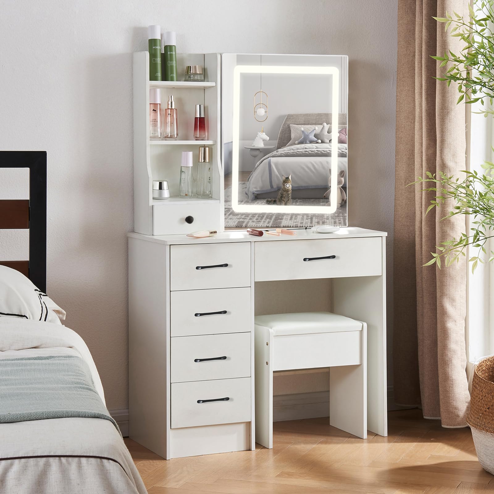 YAMISSI Makeup Vanity with Lights and 6 Drawers, Modern White Vanity Desk with Sliding Mirror and 6 Display Shelves for Girls, Dressing Table Touch Screen for Bedroom