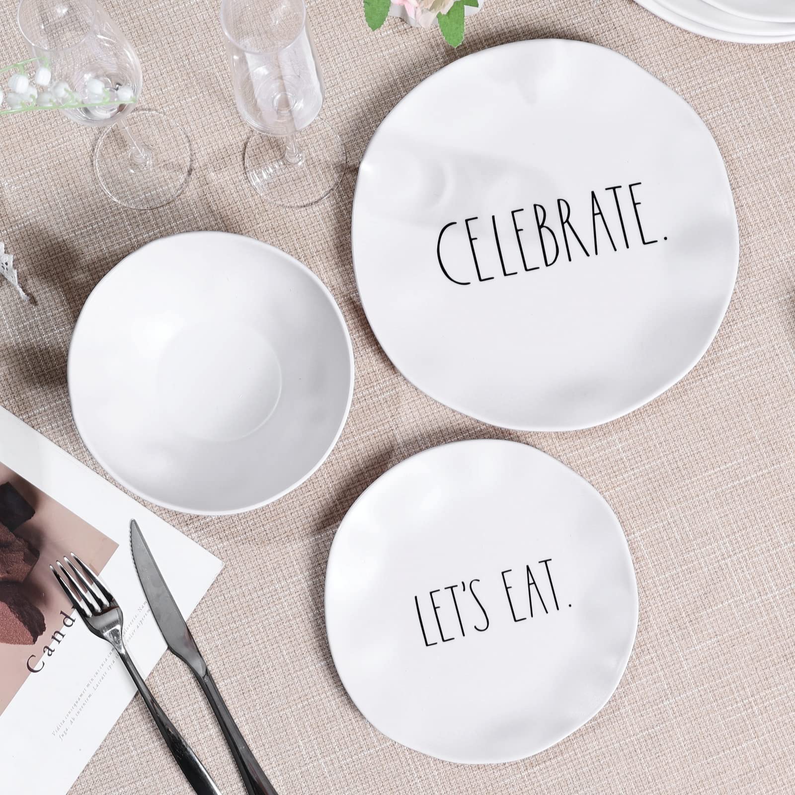 Yummost Melamine Dinnerware Sets, Plates and Bowls Set for 4, Perfect for Indoor and Outdoor Dining Party, Dishwasher Safe, LET'S EAT Word Print