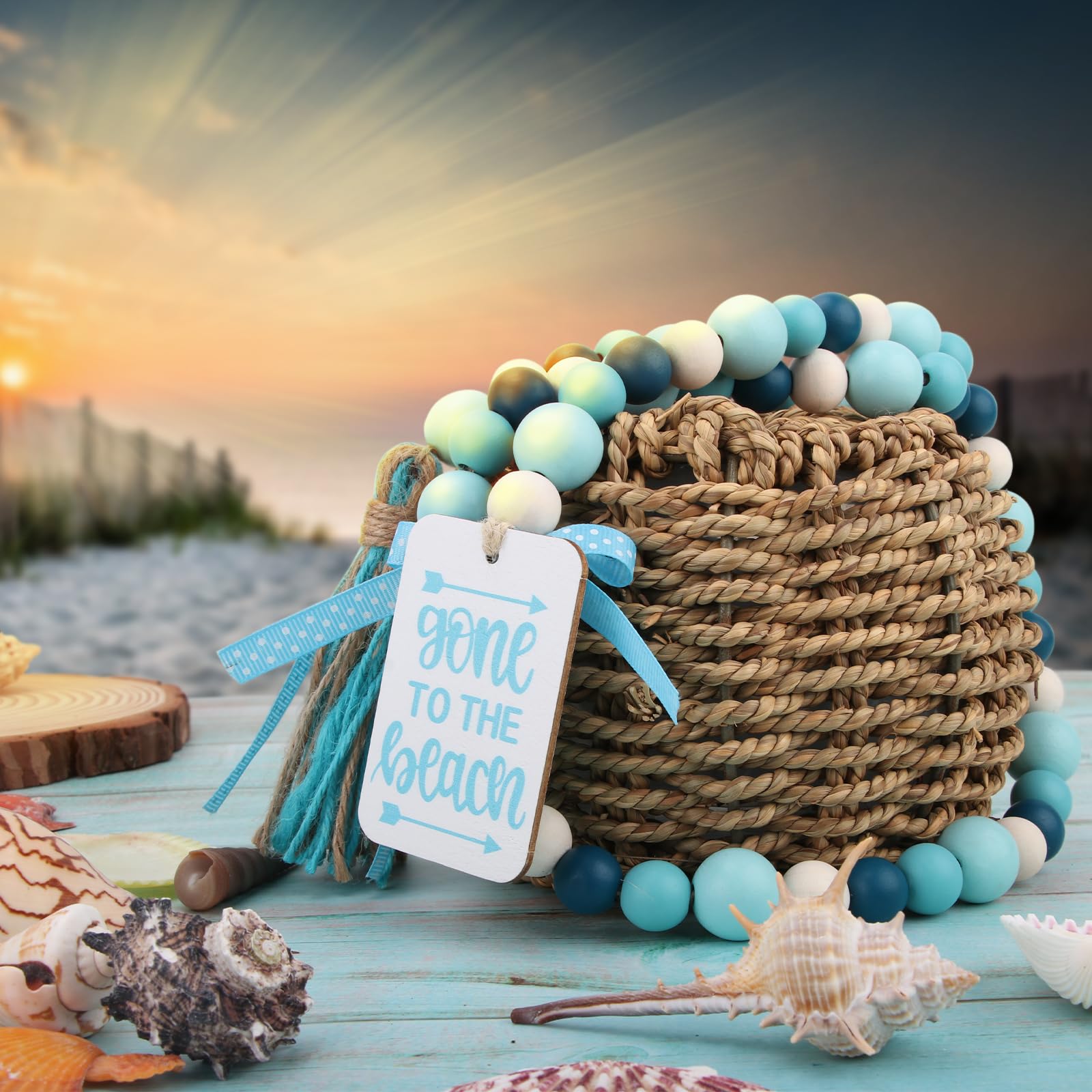 Wood Bead Garland with Tassels, 2 Pcs 3.5 Ft Handmade Natural Wood Farmhouse Coffee Table Decor Tiered Tray Decor Rustic Chic Wall Hanging, GO to The BEACH