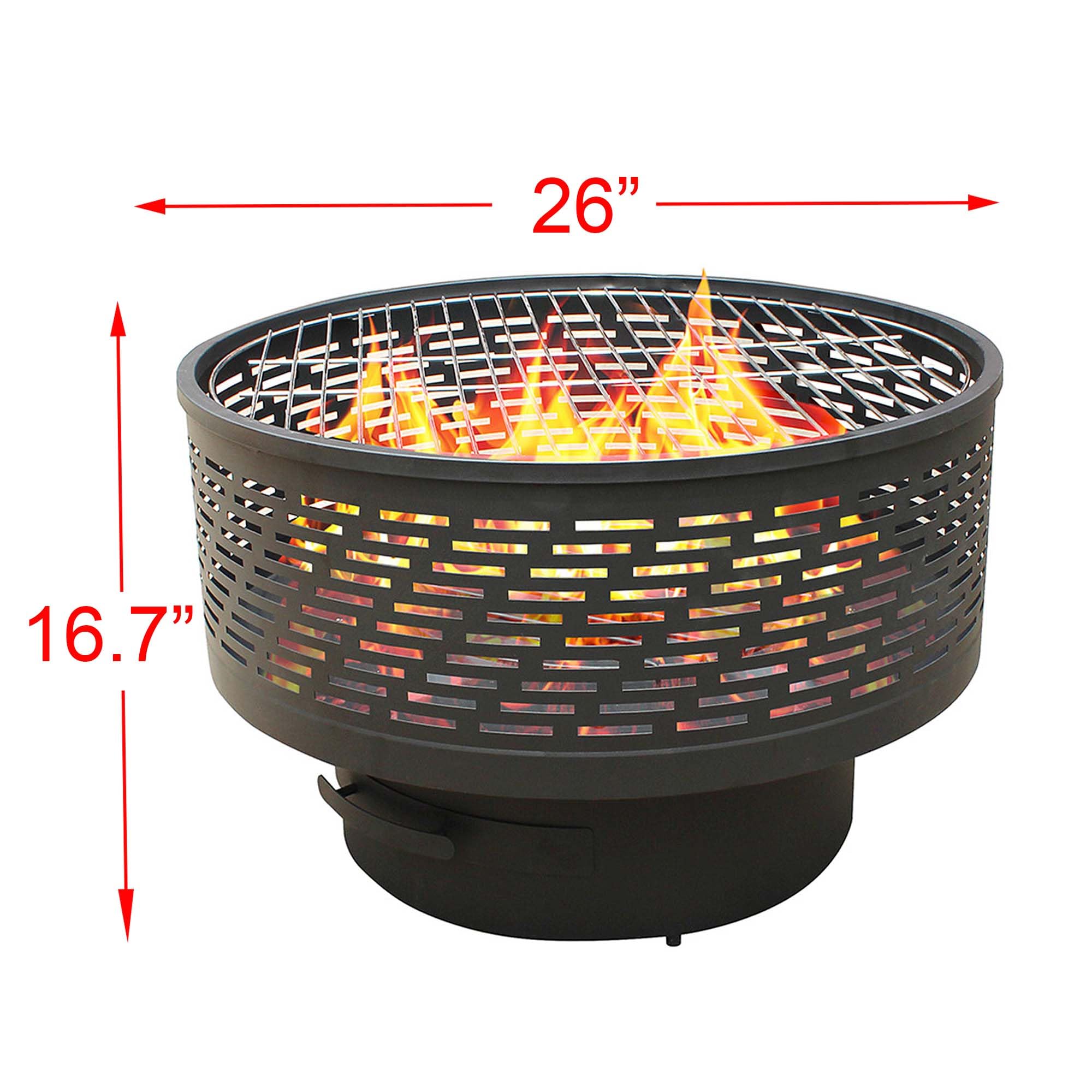Wood Burning Fire Pit with Grill, Outdoor Firepit Table w/Removable Ash Pan & Waterproof Cover, Poker, Log Rack, 360° Flame Effect, for Outside Patio Deck Backyard Camping Bonfire, 26", Black