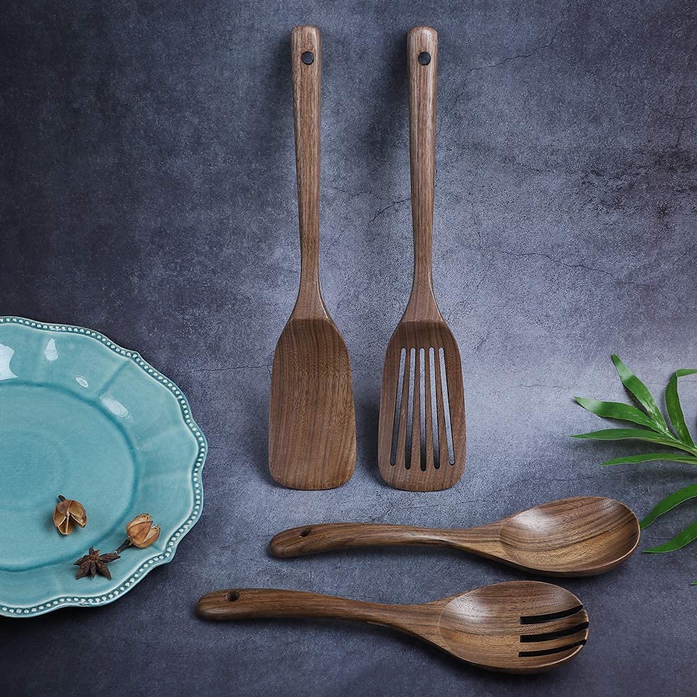Wooden Spoons Spatula for Cooking,Walnut Wooden Kitchen Cooking Utensil Set 4 Pcs Cookware Household Shovel Spoon Fork Cooking Set Handmade Kitchen Tableware
