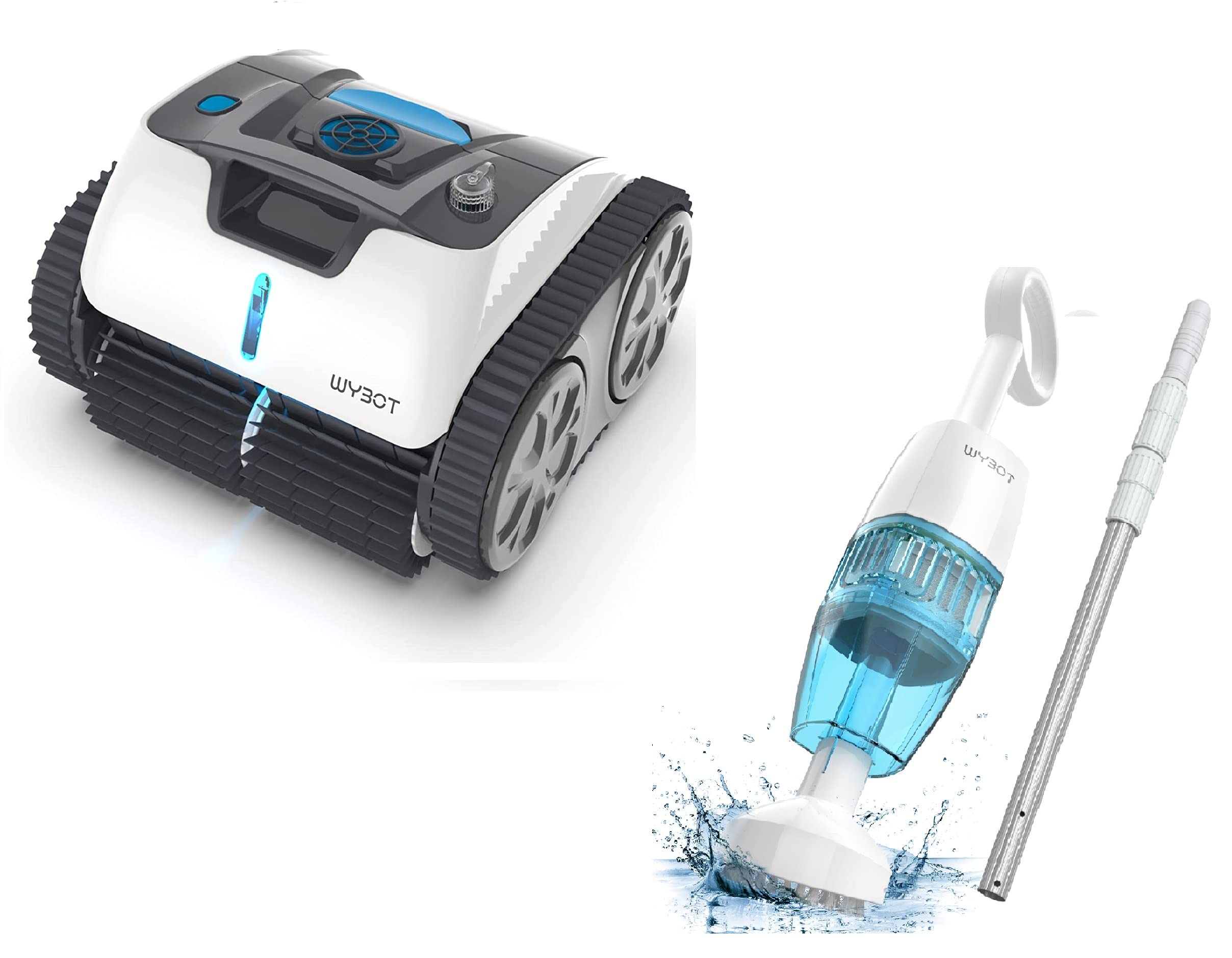 WYBOT The First Wall Climbing Robotic Pool Cleaner with APP, Excellent Suction Power & (2023 Upgraded) WYBOT Cordless Pool Vacuum with Telescopic Pole, Handheld Rechargeable Pool Cleaner