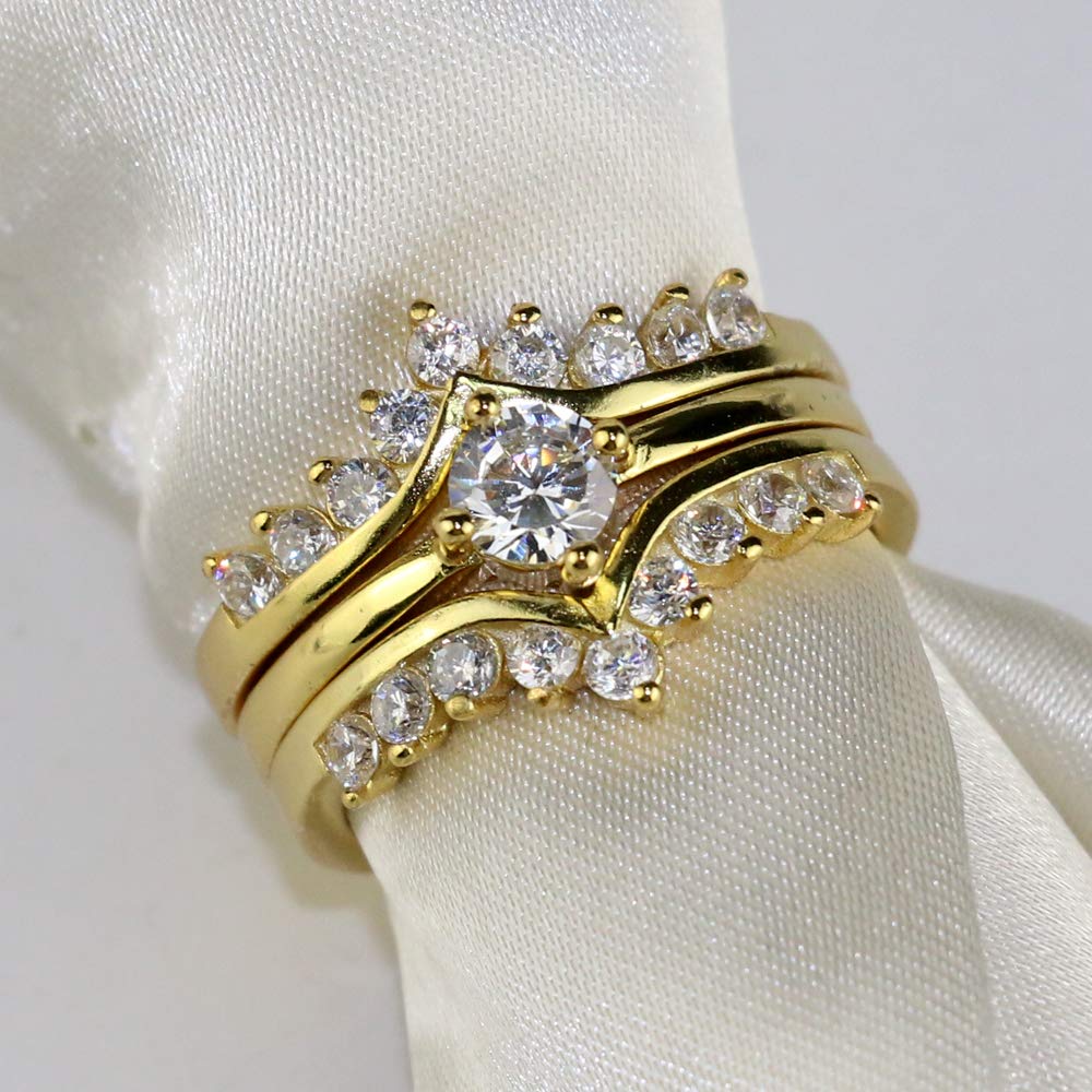 Yellow Gold Plated 3pcs Womens Wedding Ring Sets Bridal Sets Round Cz Engagement Ring Wedding Band