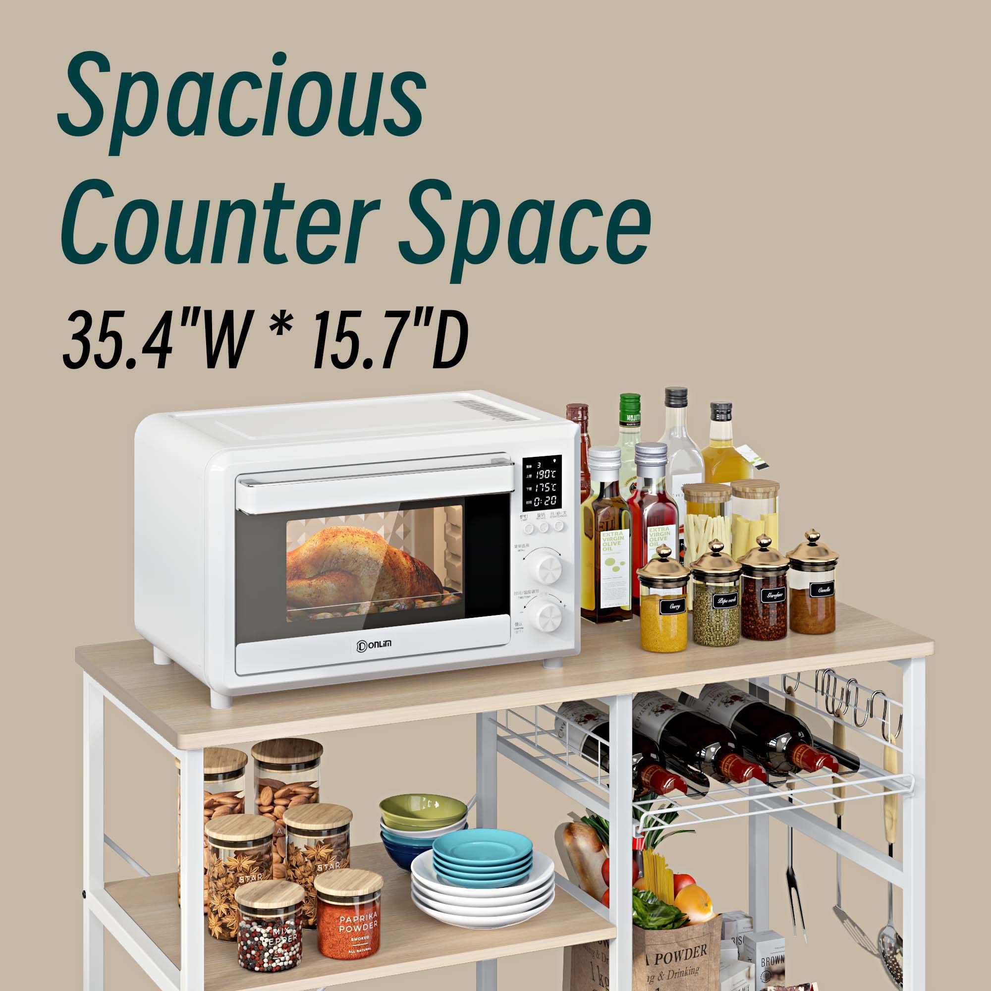 Wellynap Bakers Rack, 3-Tier Microwave Stand for Kitchens with Storage, Utility Storage Shelf with 5 Hooks and Basket for Spice Rack, White Oak