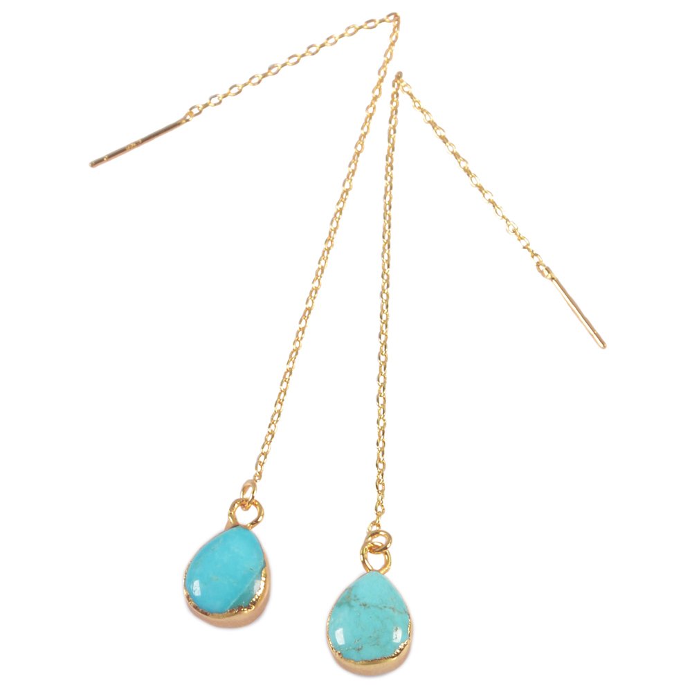ZENGORI 1 Pair Gold Plated Teardrop Natural Turquoise Ear Threader Drop Dangle Earrings 3.5" G1345
