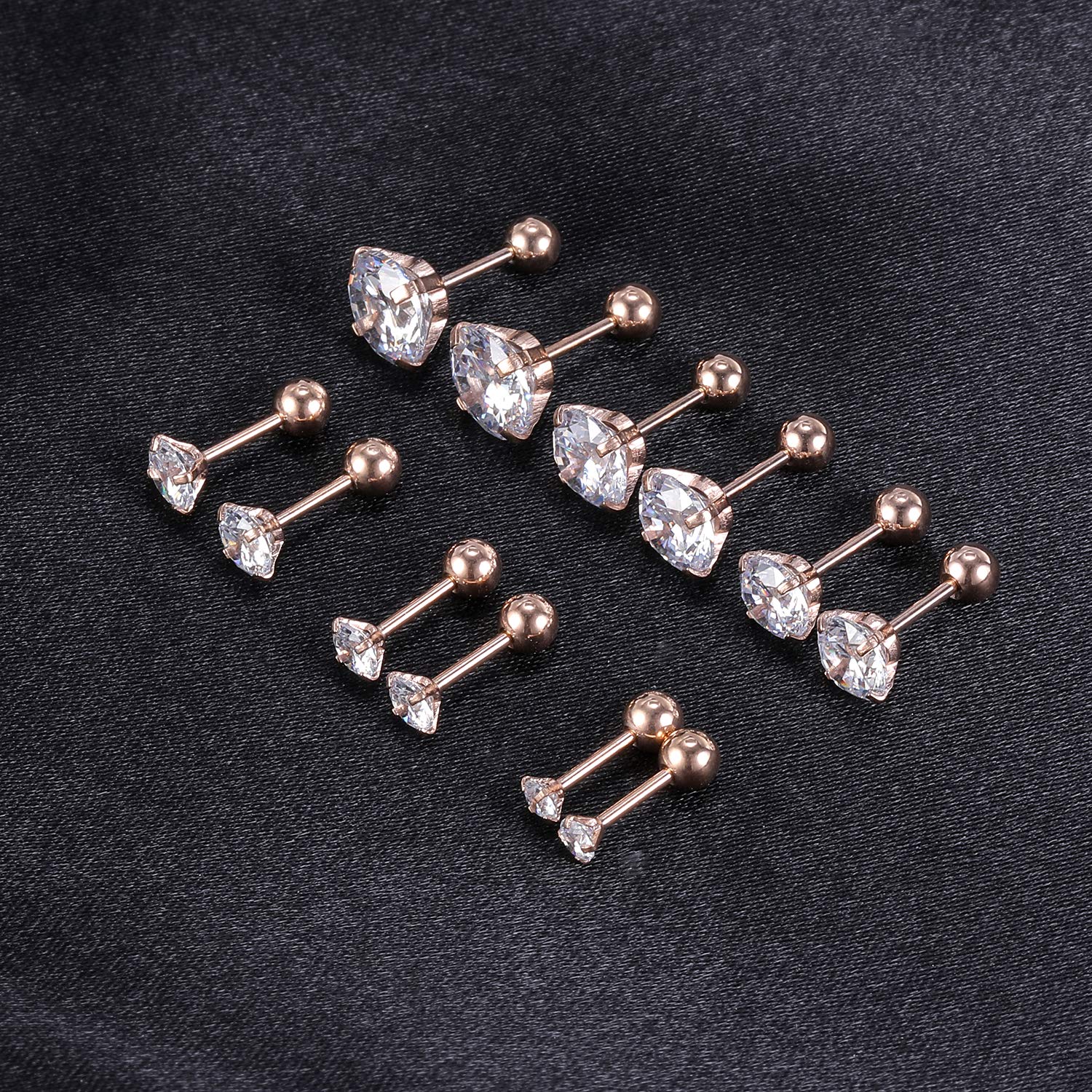 ZS 6 Pairs Shiny Round Cubic Zirconia Surgical Steel Stud Earrings Tragus Helix Conch Piercing Cartilage Sets (6 Pairs.3-8mm Cubic(Rose-gold,Ball Back))