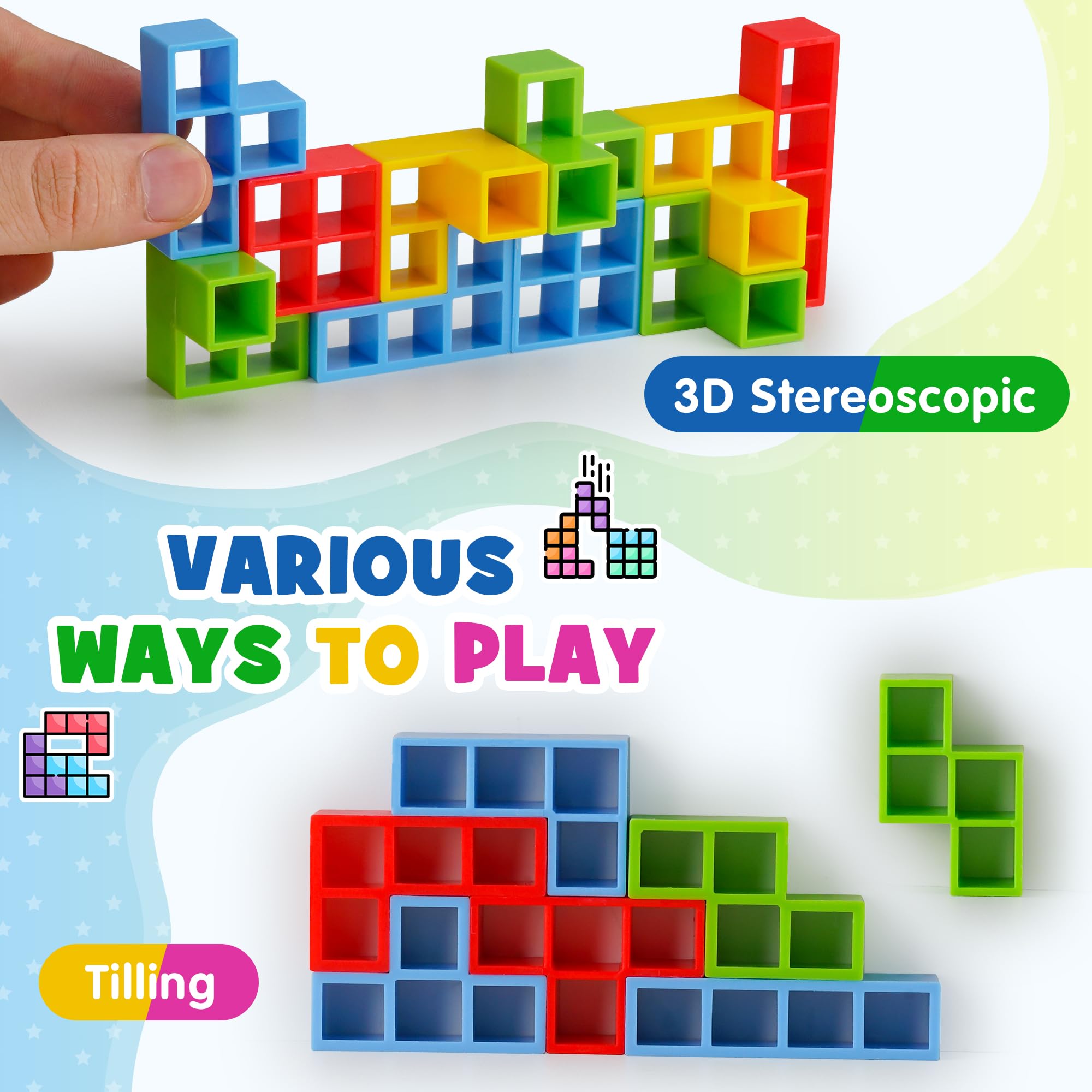 WOWNOVA 48PCS Tetra Tower, Fun Balance Stacking Building Blocks Board Game for Kids, Adults, Friends, Team, Classroom, Dorm, Family Game Night and Parties