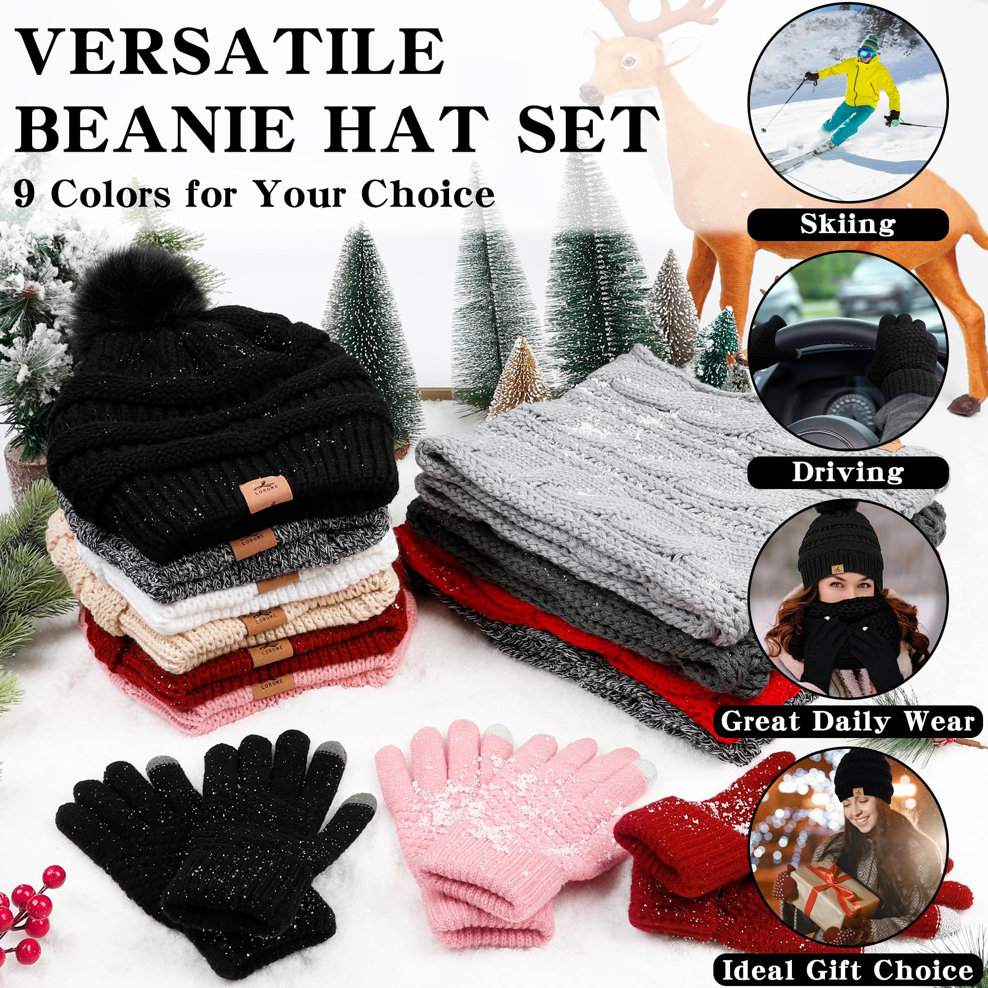 Winter Beanie Hat Scarf Gloves Set, Soft Warm Knit Hat Warm Touchscreen Gloves Neck Warmer Thick Knitted Scarves for Women Black