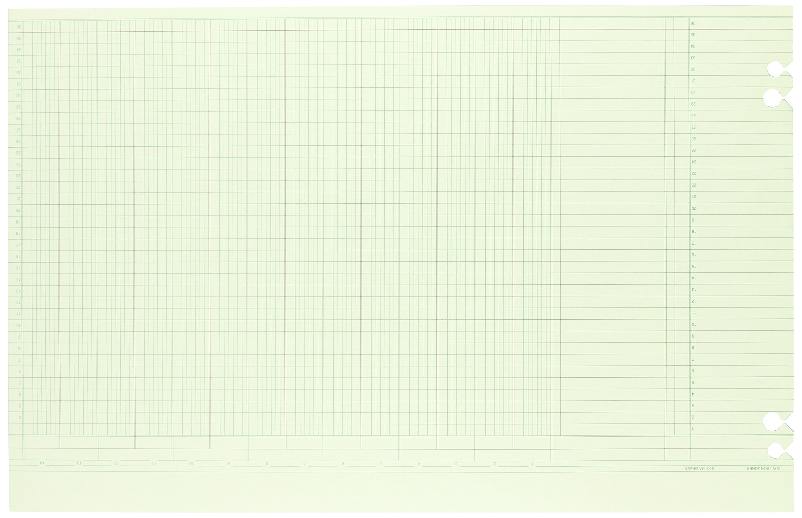 Wilson Jones Green Columnar Sheets, Single Page Format, 14 Columns, 36 Lines Per Page, 11" X 17", 100/Pack, WG50-14B