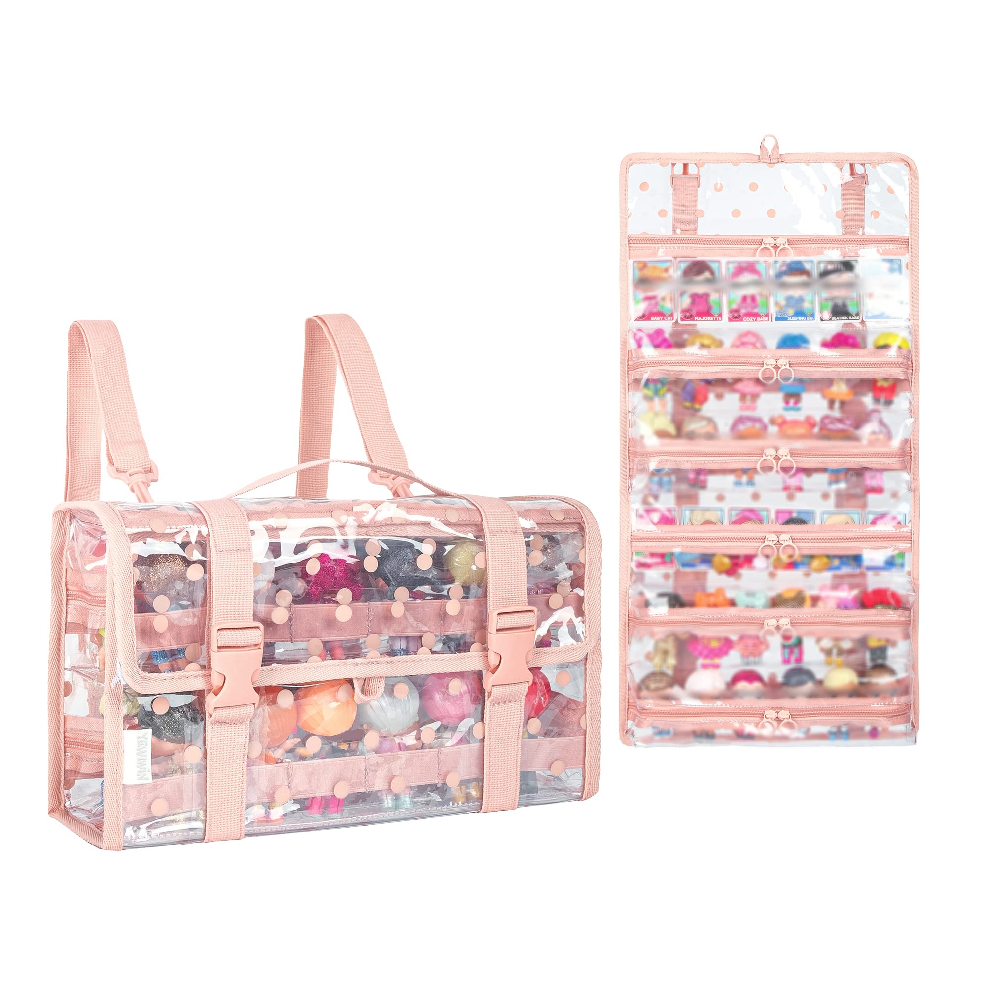 Yewiwin Doll Storage Organizer Backpack Compatible with OMG&LOL Surprise Dolls All,Clear View Hanging Dolls Carrying Case for Girl,Bag Only (Pink)