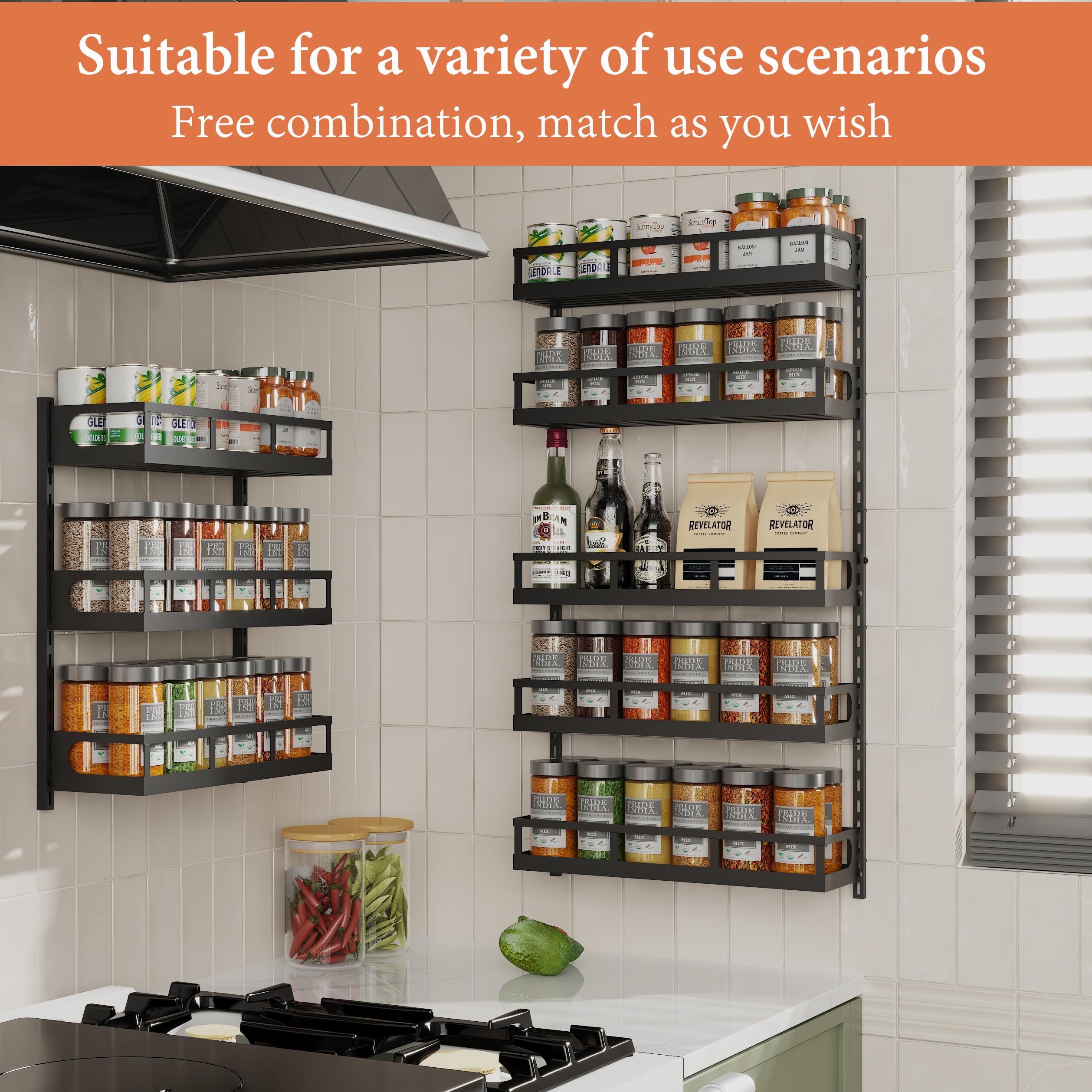X-cosrack Wall Mount Spice Rack Organizer 5 Tier Height-Adjustable Hanging Spice Shelf Storage for Kitchen Pantry Cabinet Door, Dual-Use Seasoning Holder Rack with Hooks, Grey