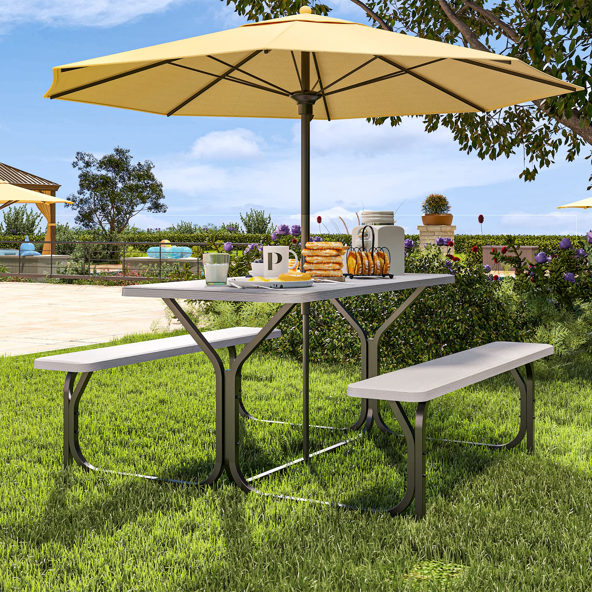 YITAHOME Picnic Table 6ft Heavy Duty Outdoor Picnic Table and Bench Resin Tabletop & Stable Steel Frame w/Umbrella Hole for Yard Patio Lawn Party Light Gray