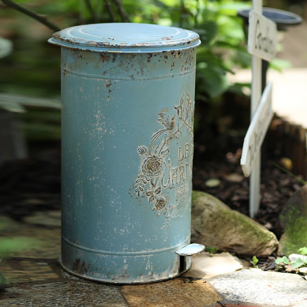 Z&Z ornamentorum Retro Kitchen Trash Can with Lid and Pedal Round Touchless Garbage Cans with Flower and Bird Patterns Outdoor Trash Can for Kitchen Park Garden,White