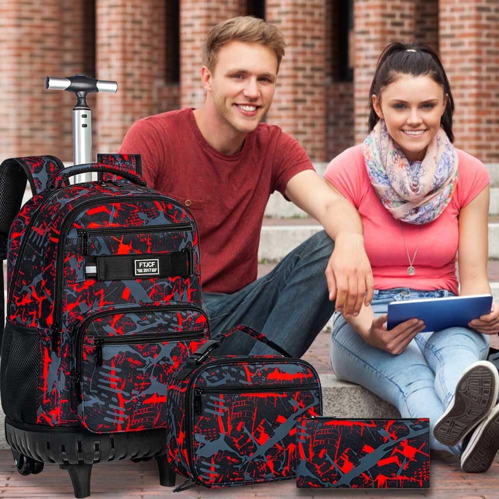 ZLYERT 3Pcs Rolling Backpack for Boys Men, Travel Roller Backpacks with Wheels for Adults, Teens College Graffiti Wheeled Bookbag with Lunch Box(Blue)