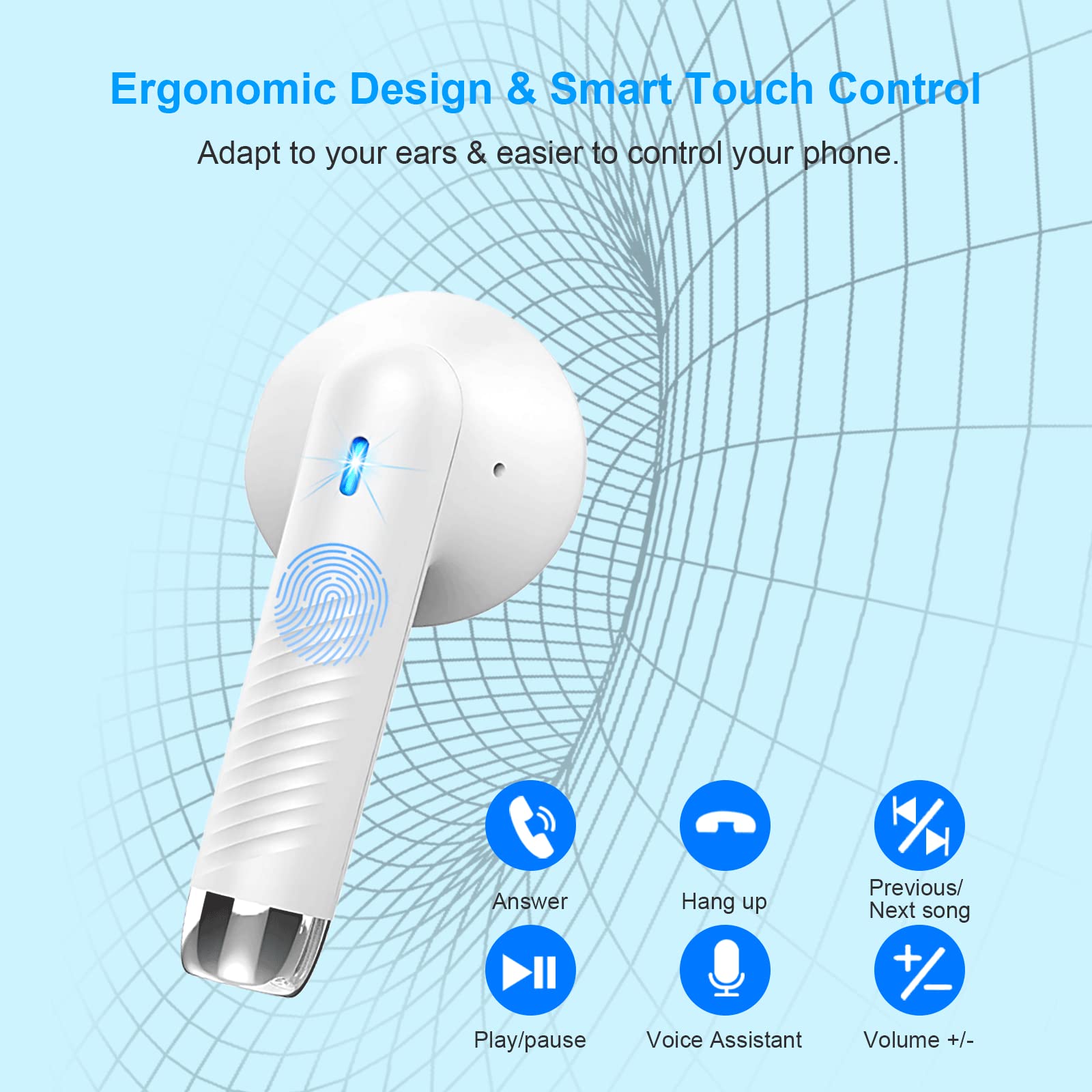 Wireless Earbuds, Bluetooth 5.3 Headphones in Ear with Noise Cancelling Mic, Earbuds Stereo Bass, IP7 Waterproof Sports Earphones, 32H Playtime USB C Charging Buds White for Android iOS