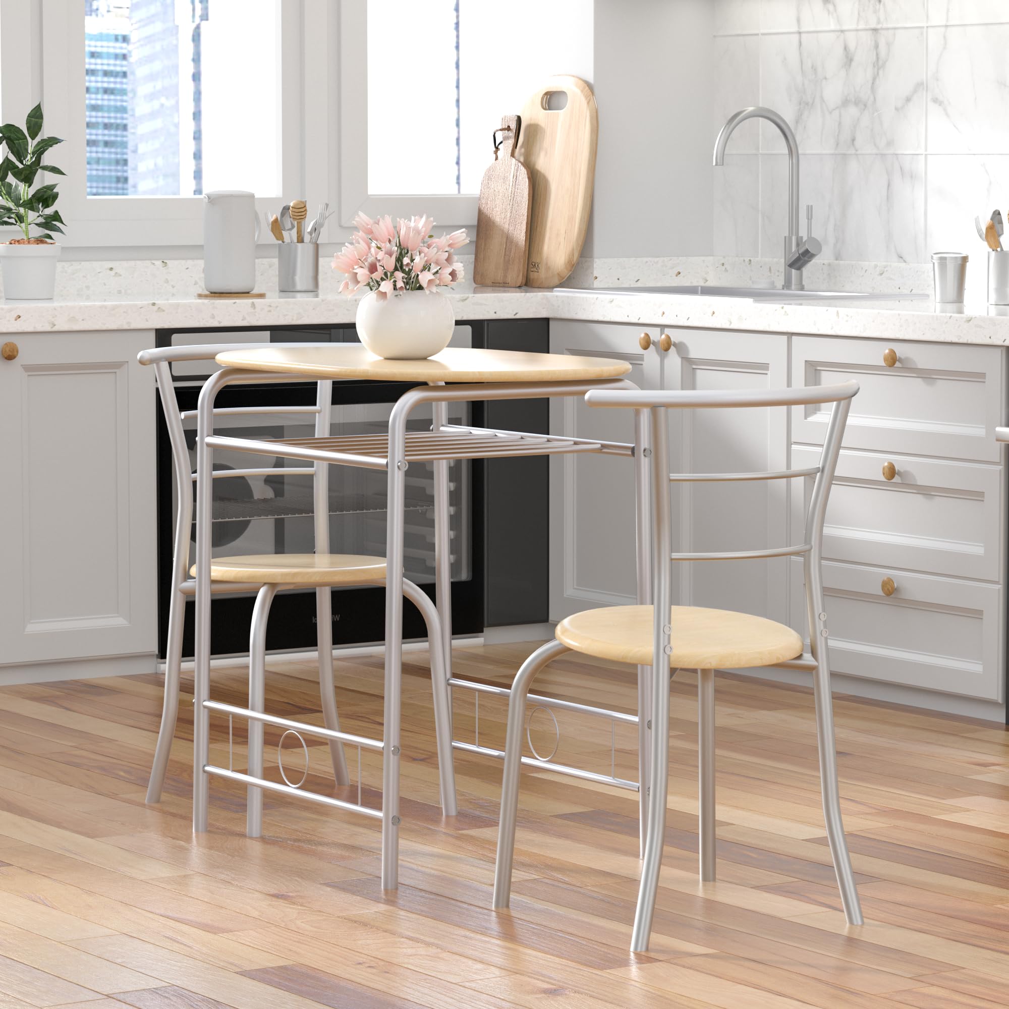 VECELO 3 Piece Wood Round Table & Chair Set for Dining Room Kitchen Bar Breakfast, with Wine Storage Rack, Space Saving, 31.5", Natural and Silver