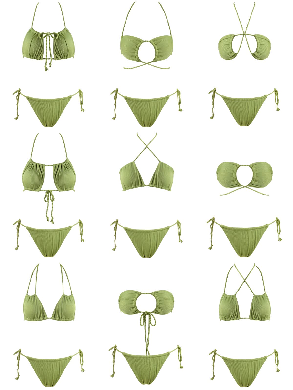 ZAFUL Ribbed Sexy Halter Bikini for Women Multi Way Bikini Sets Tie Side High Cut Two Piece Swimsuit Green M