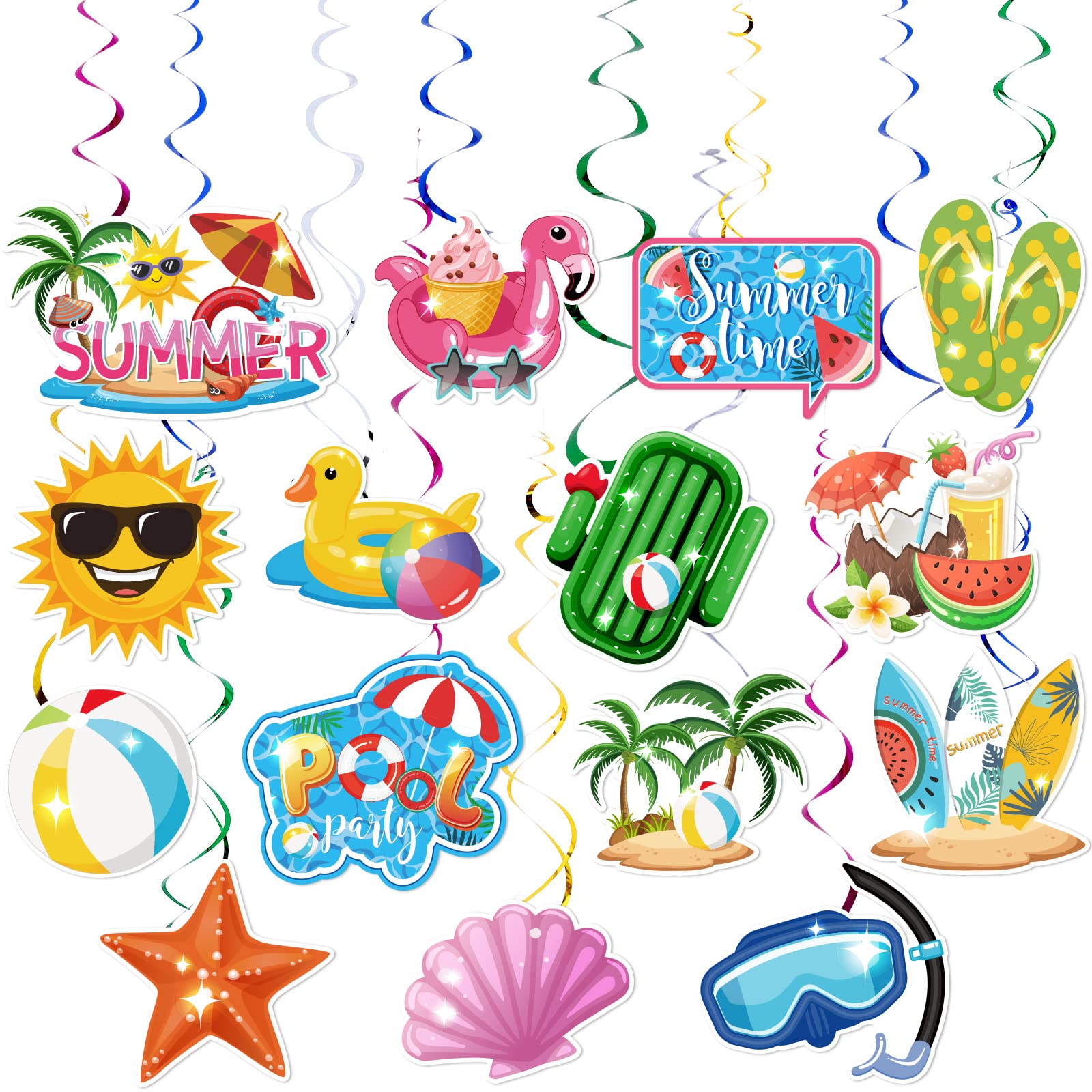 Whaline 70Pcs Summer Pool Beach Hanging Swirls Pool Party Foil Ceiling Hanging Decoration Flamingo Flip Flops Sun Volleyball Starfish Seashell Hanging Swirls for Summer Time Hawaii Party Supplies
