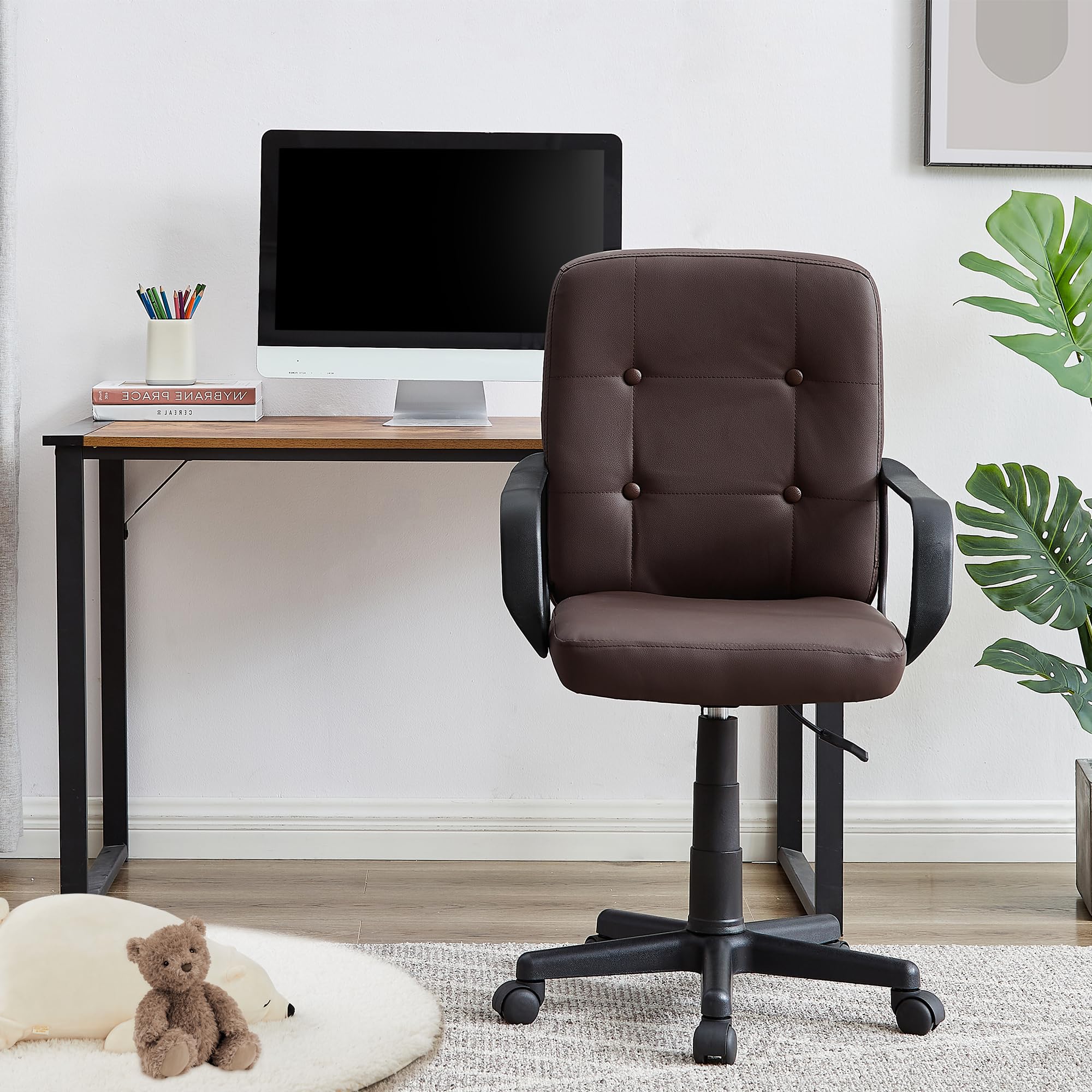 VECELO Home Office Desk Chair with Armrests,Mid Back Adjustable Height, 360-Degree Swivel, 330 Pound Capacity, Coffee, Set of 1