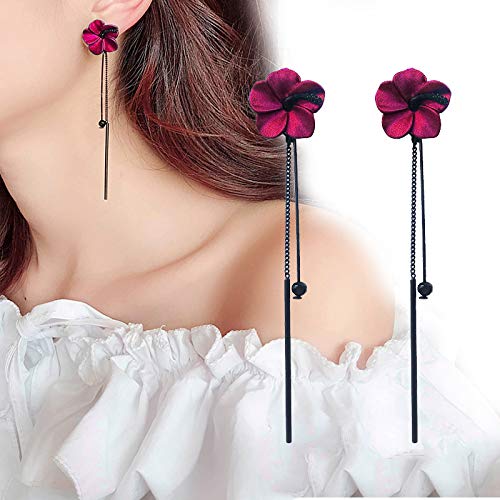 Trendy Red Green Poppy Flower Black Long Line Bar alloy Tassel Earrings for Women Charm Drop Dangle Earring Jewelry (Red)