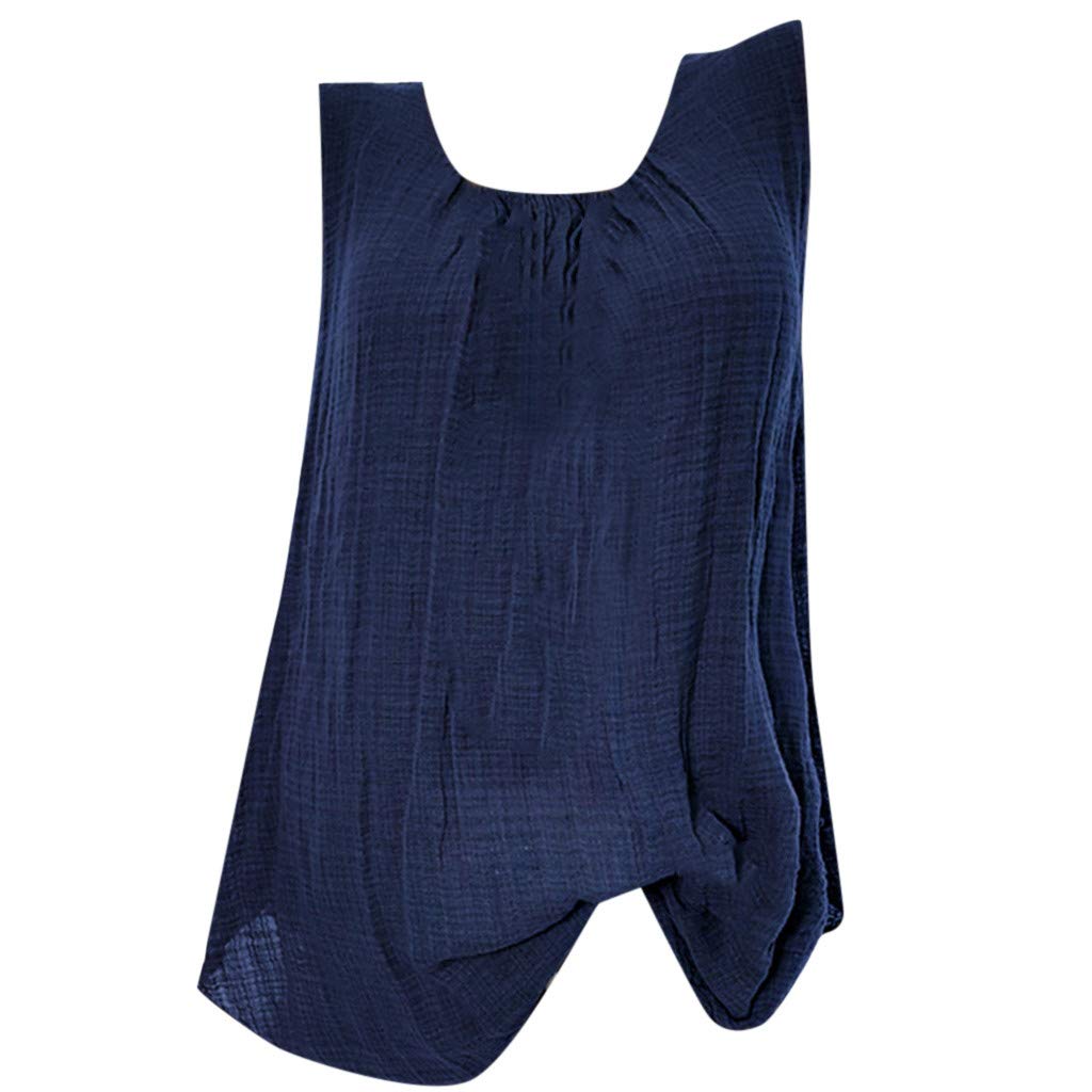 Wokasun.JJ Womens Cotton Linen Blouse,Ladies Sleeveless Baggy T-Shirt Vest Summer Fashion Plus Size Tee Blouse Tank Tops(Blue,XL)
